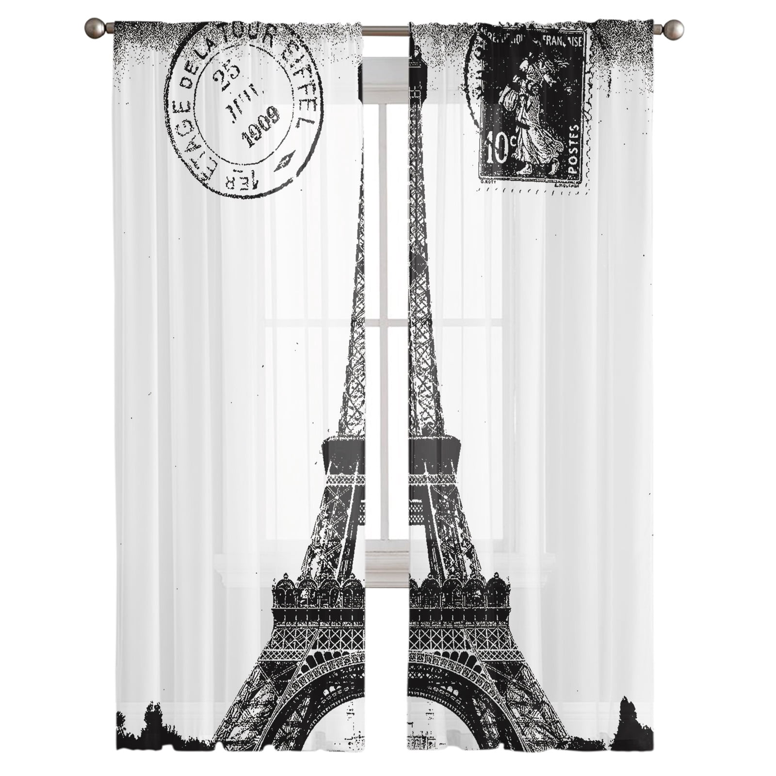 Black and White Paris Architectural Stamps Sheer Window Curtains for ...