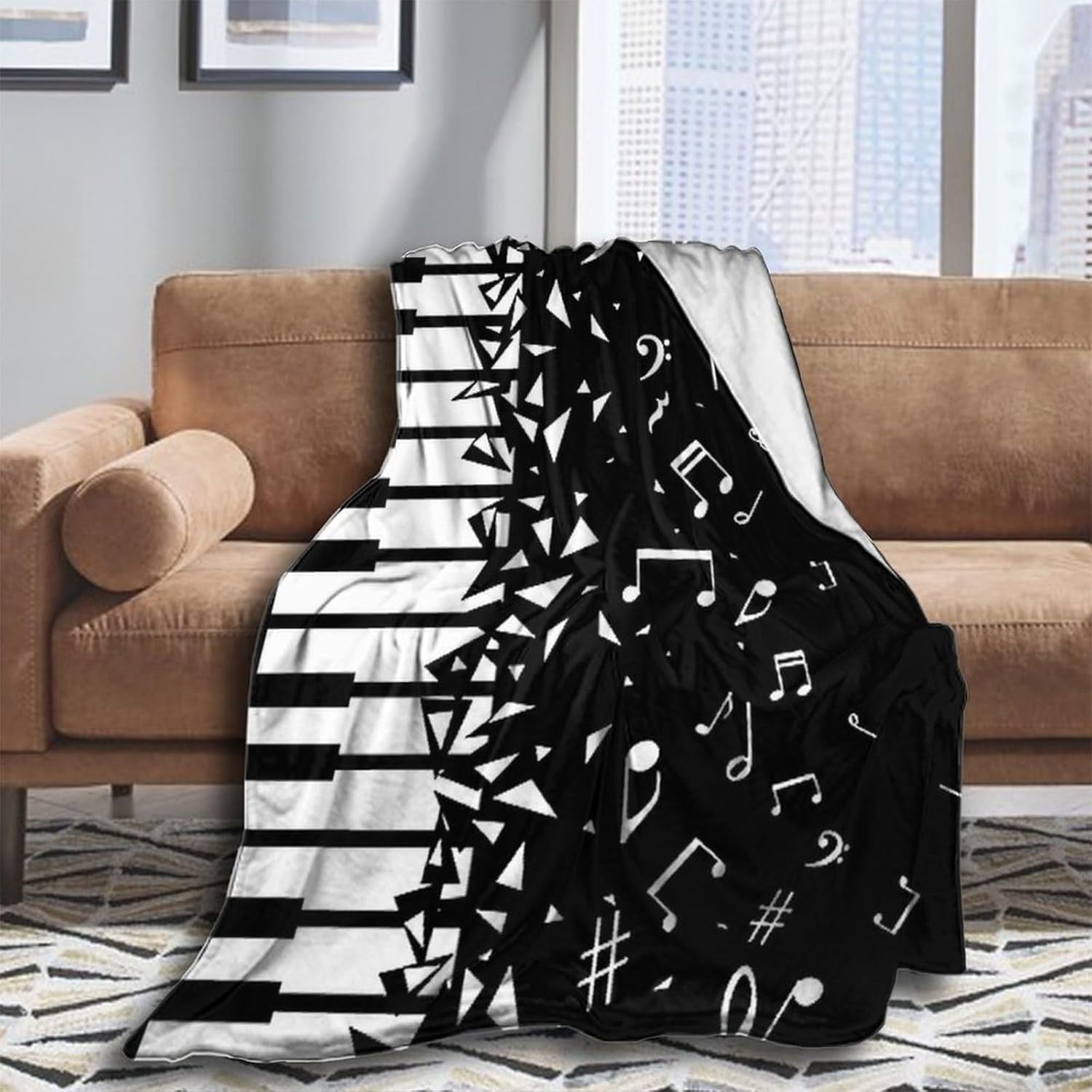 Black and White Piano Keys with Musical Notes Throw Blanket Super Soft ...
