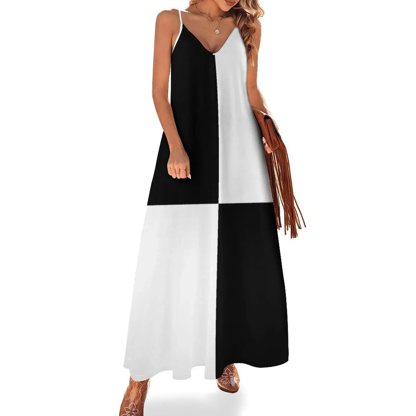 Black and White Quad Contrast Blocks Sleeveless Dress Women's skirt ...