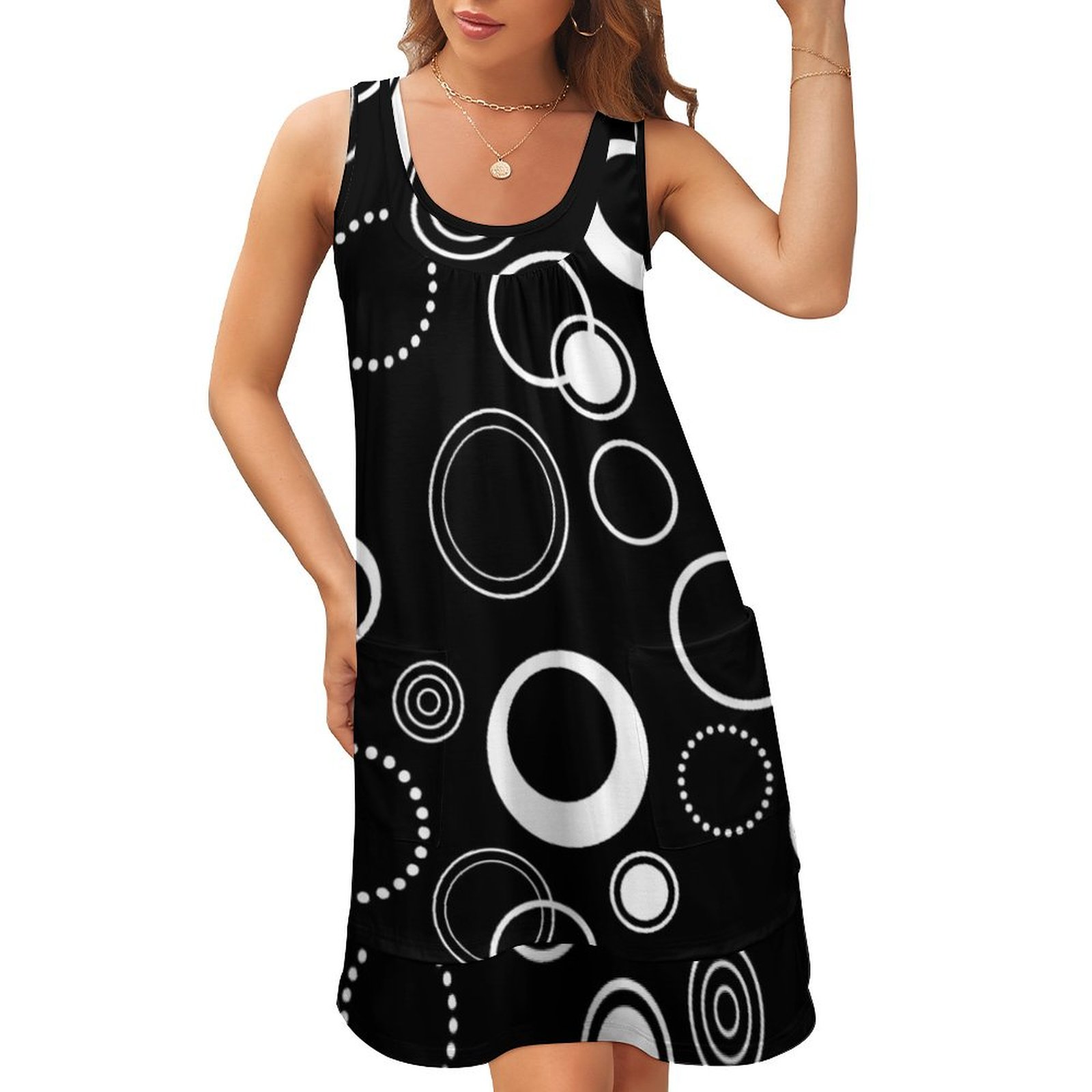 Black and White Retro Circles Pattern Sleeveless U-Neck Fake Two Piece ...