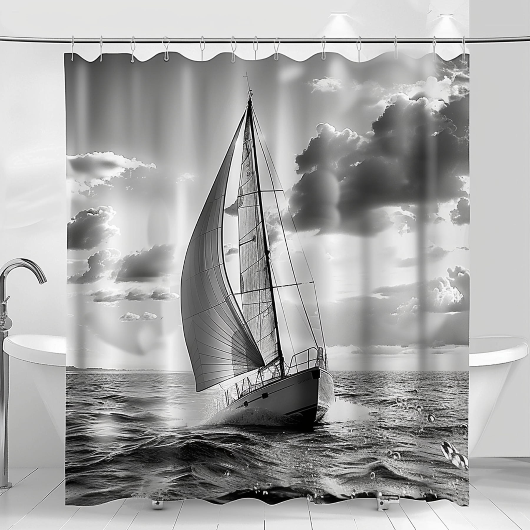 Black And White Sailing Shower Curtain Hyper Realistic Bathroom Decor