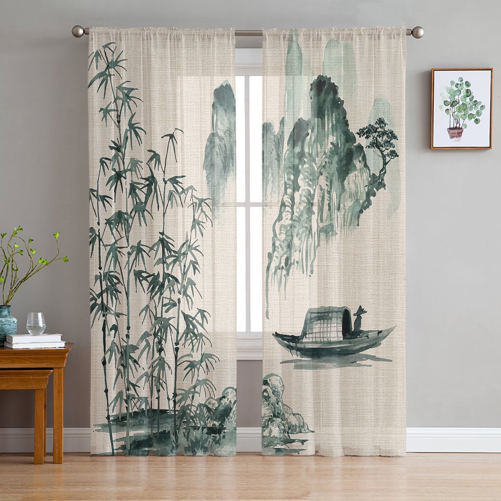 Black and White Shadow Bamboo Forest Ink Painting Tulle Curtains for ...