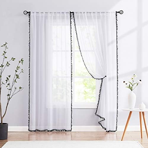 Black and White Sheer Curtains for Living Room 95" Long Linen Curtain ...