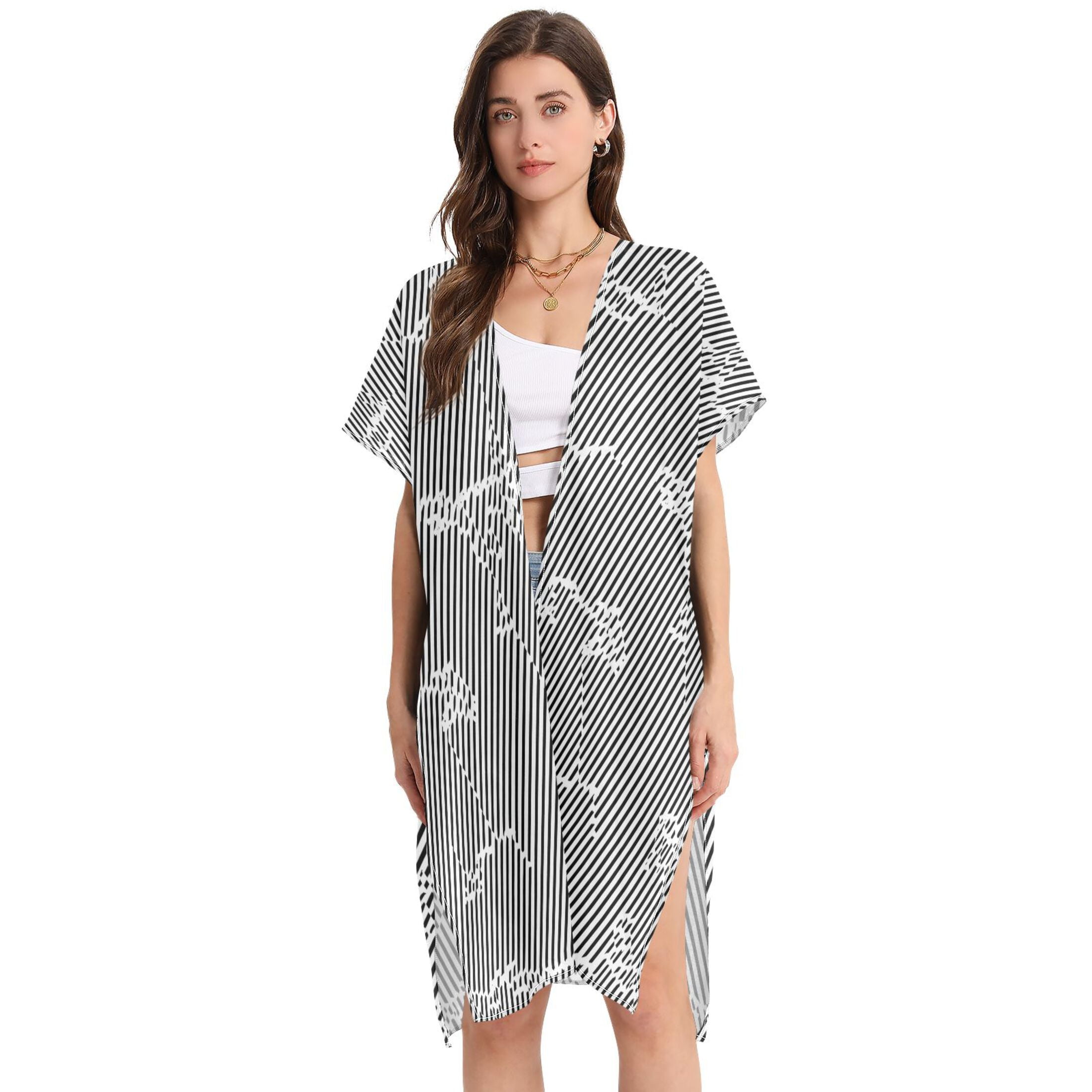 Black and White Stripe Design Women's Swimwear Cover Up Summer Cardigan ...