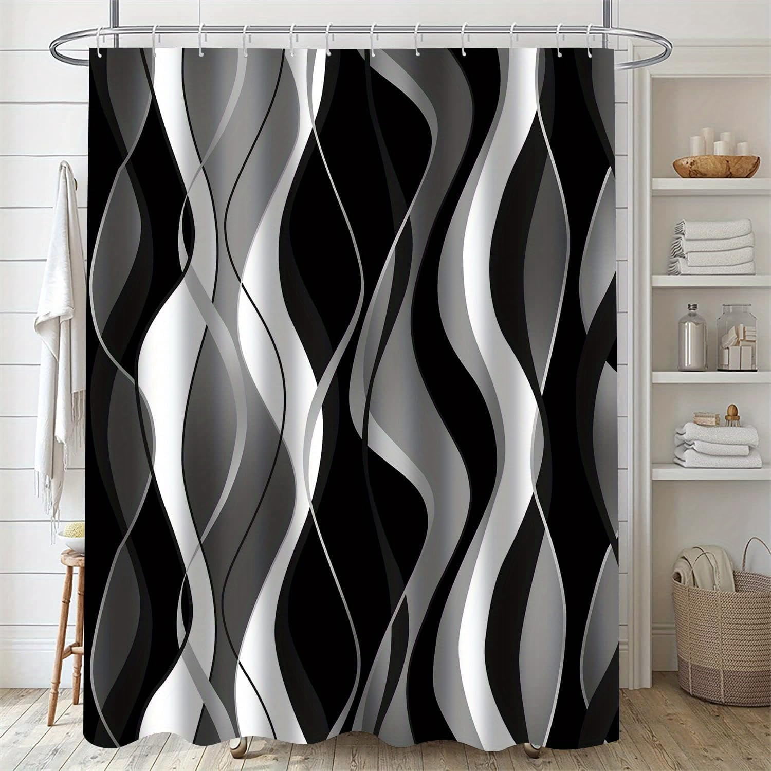 Black and White Striped Bathroom Curtain Digital Print Polyester Shower ...
