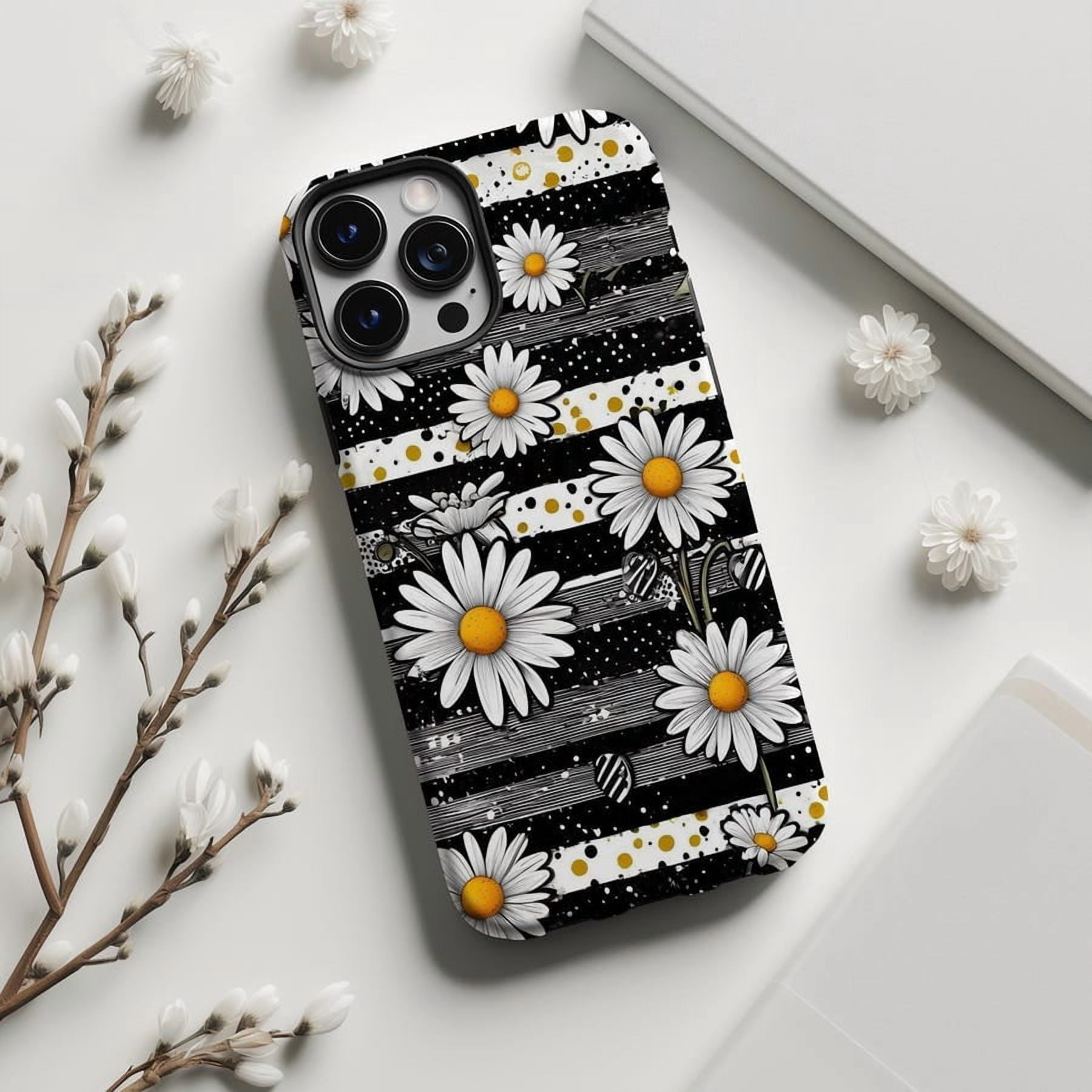 Black and White Striped Daisies Cottagecore Phone Case with iPhone 17 ...