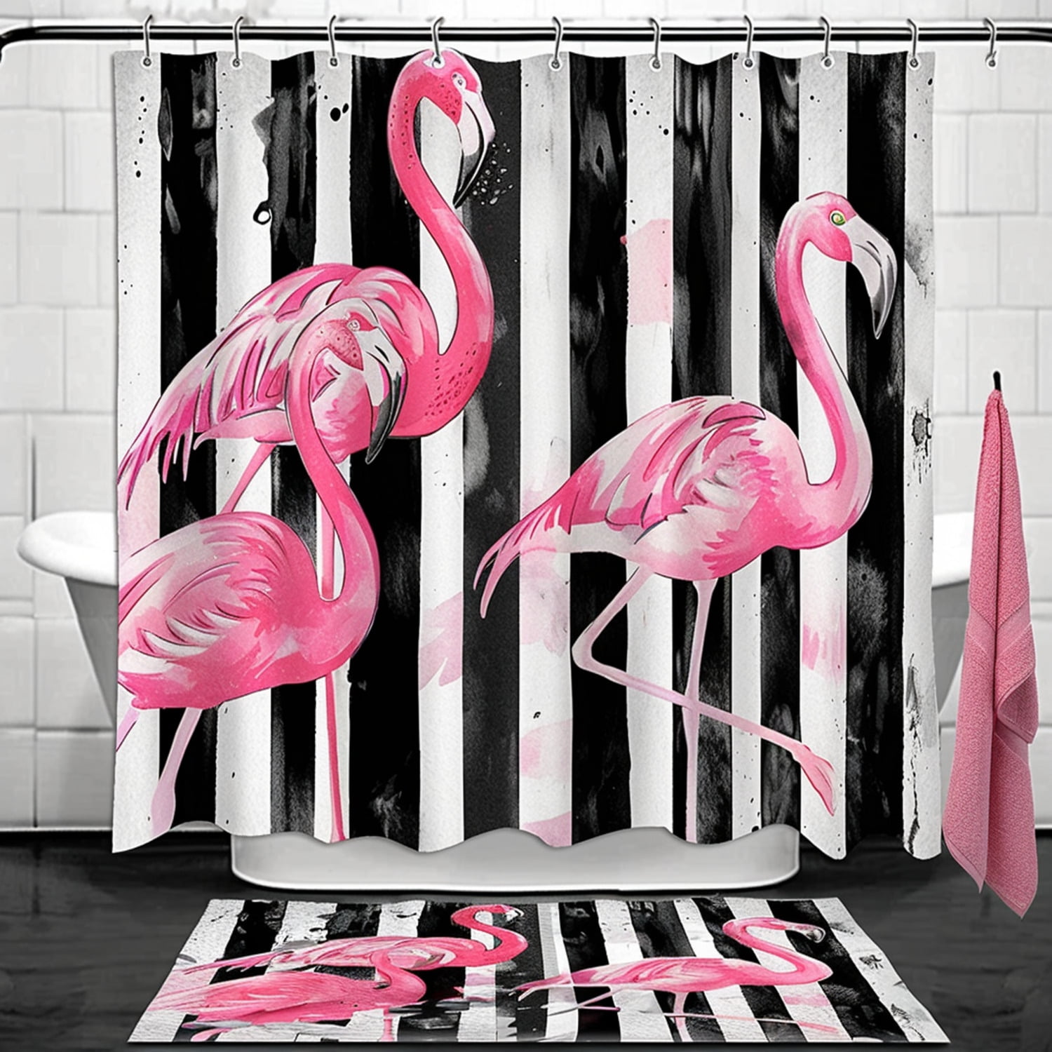 Black and White Striped Flamingo Bathroom Set with Watercolor Pink ...