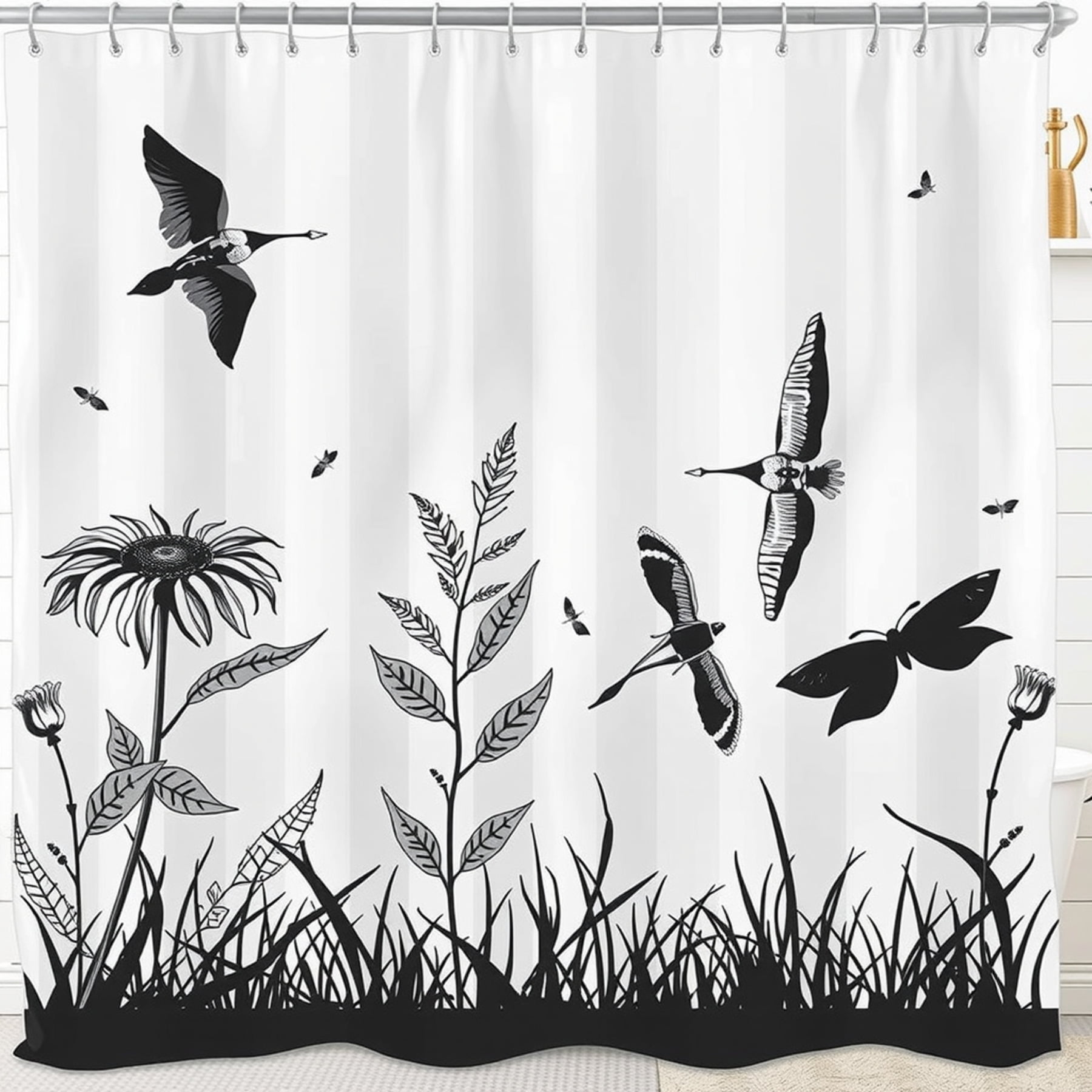 Black and White Tall Grass Shower Curtain with Silhouettes of Birds and ...