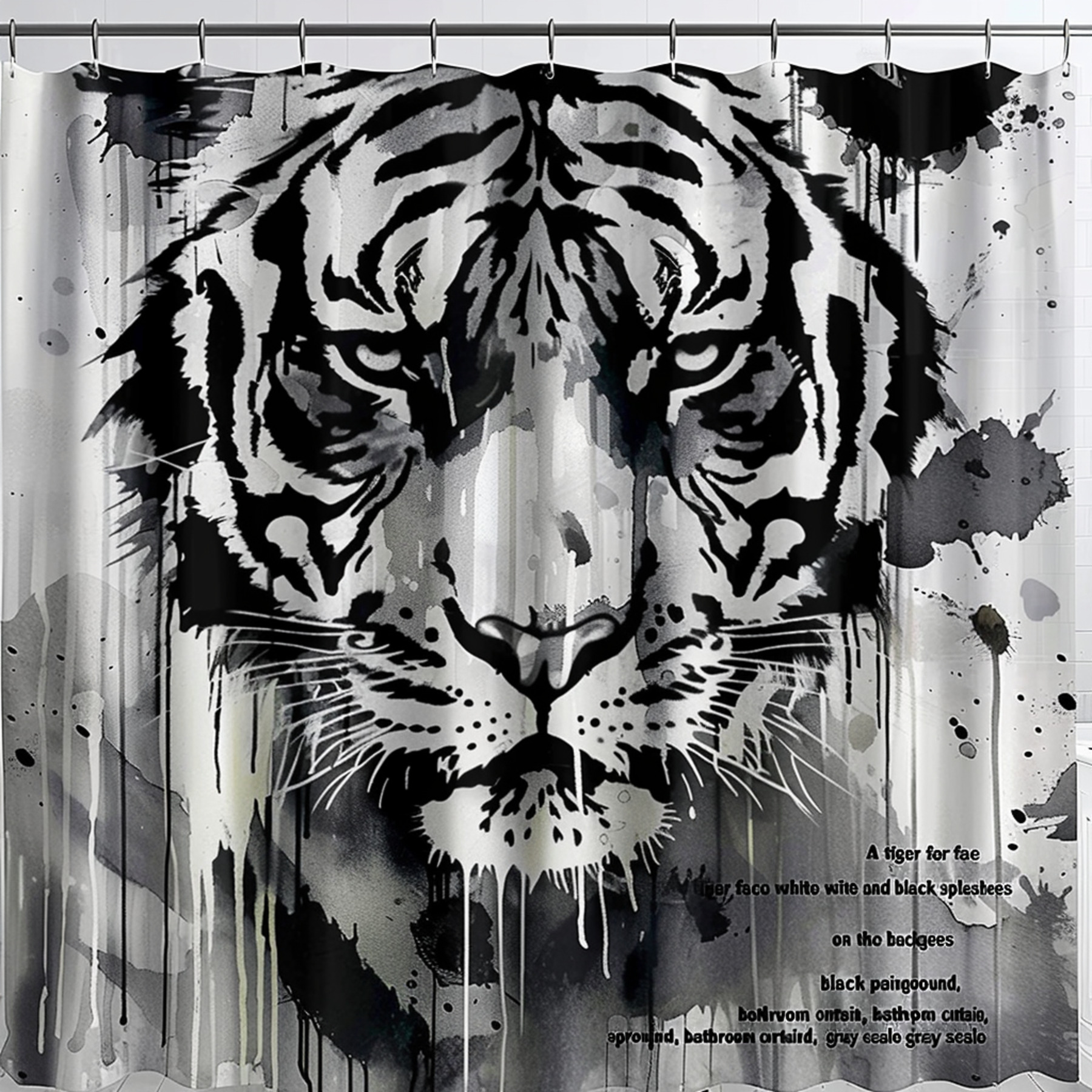 Black and White Tiger Paint Splatter Shower Curtain Gray Scale Bathroom ...