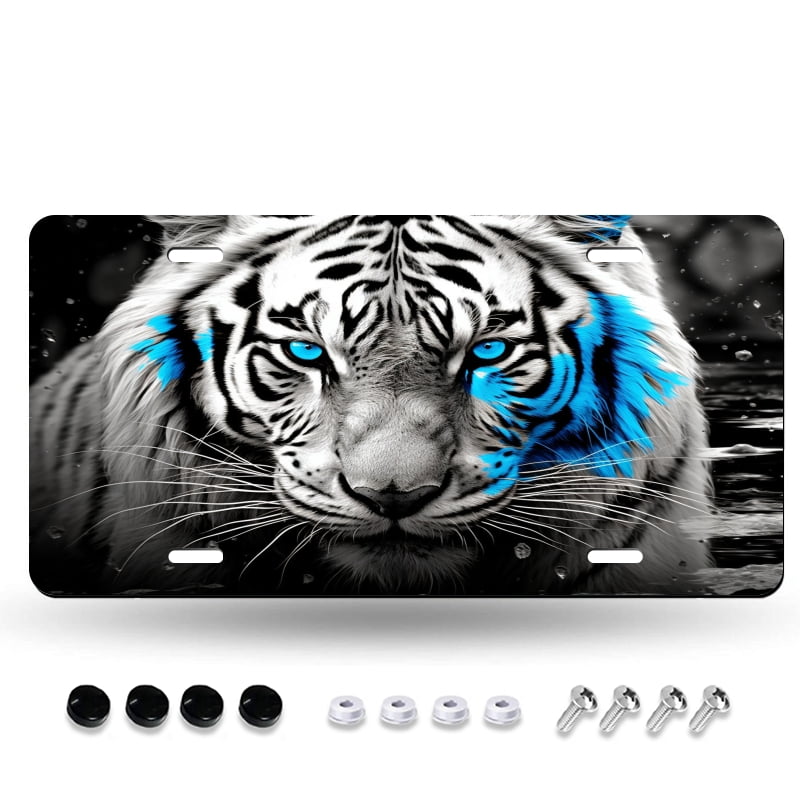 Black and White Tiger with Blue Eyes License Plate Frame, Decorative ...