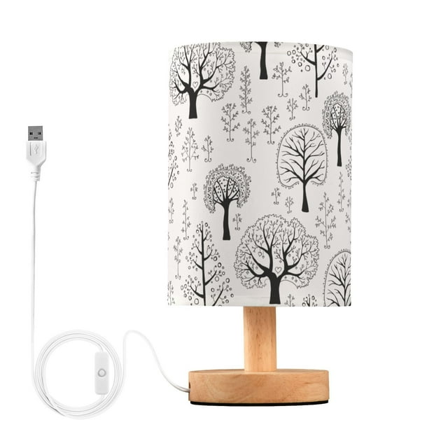 Black and White Trees Bedside Table Lamp LED Warm Lights with USB ...