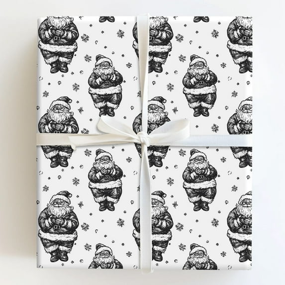 Black and White Vintage Santa Claus and Snowflakes Christmas Wrapping ...