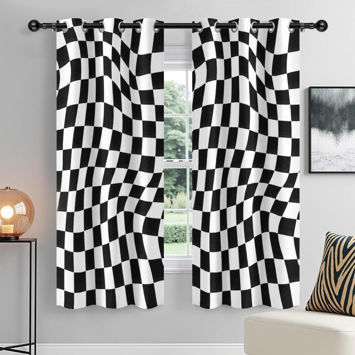 Black and White Wavy Checkered Blackout Curtains,Triple Weaved Fabric ...
