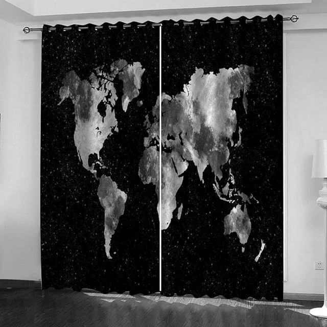 Black and White World Map Blackout Curtains, Starry Sky Retro Map 3D ...