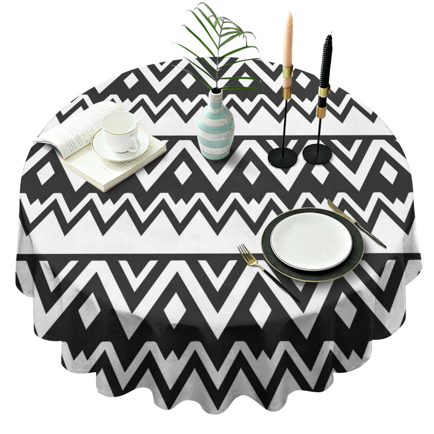 Black and White Zigzag Pattern Round Tablecloth 60"x60",Wrinkle ...