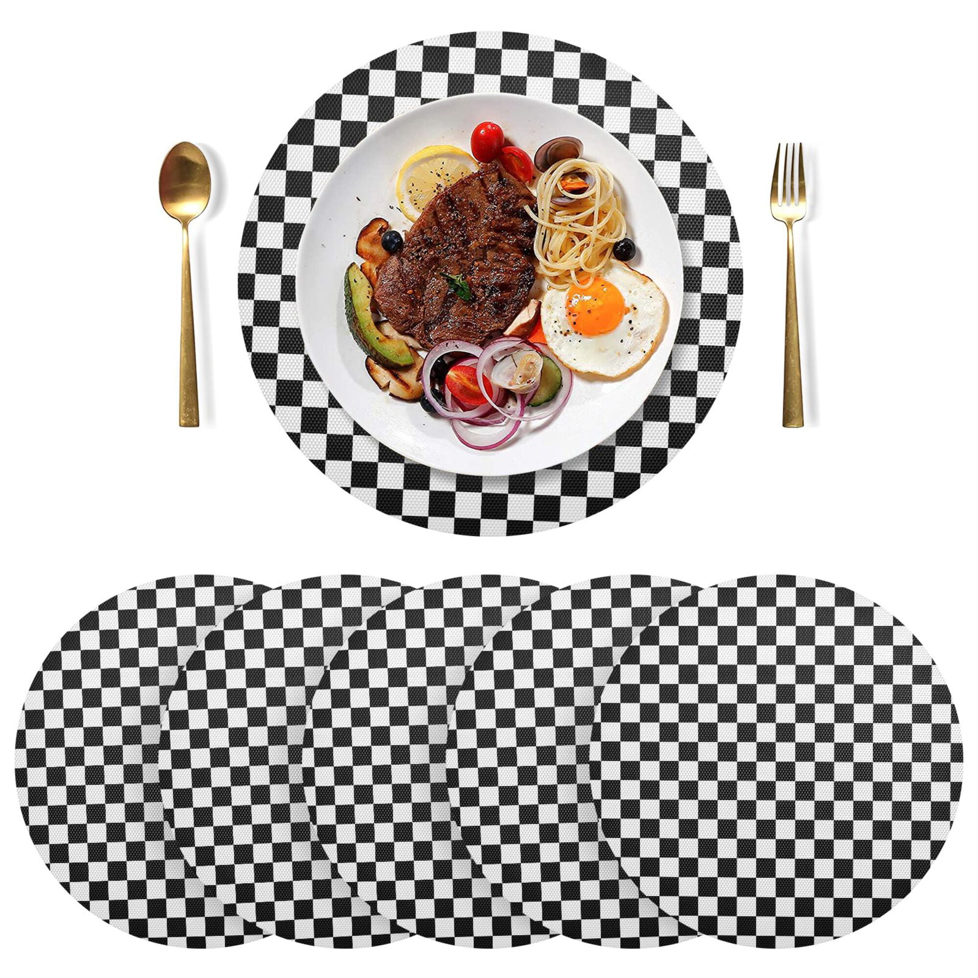 Black and White with Checkered Round Plate Mats Non-Slip Place Mat ...