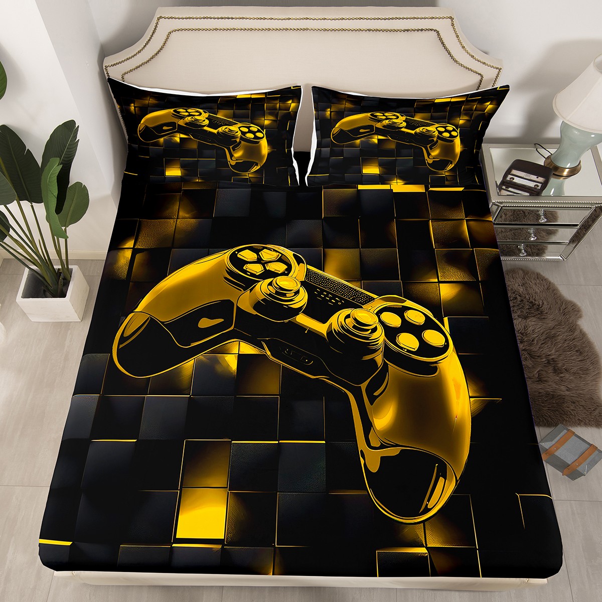 Black and Yellow Fitted Sheet Queen,Modern Geometric Gaming Bed Sheets ...