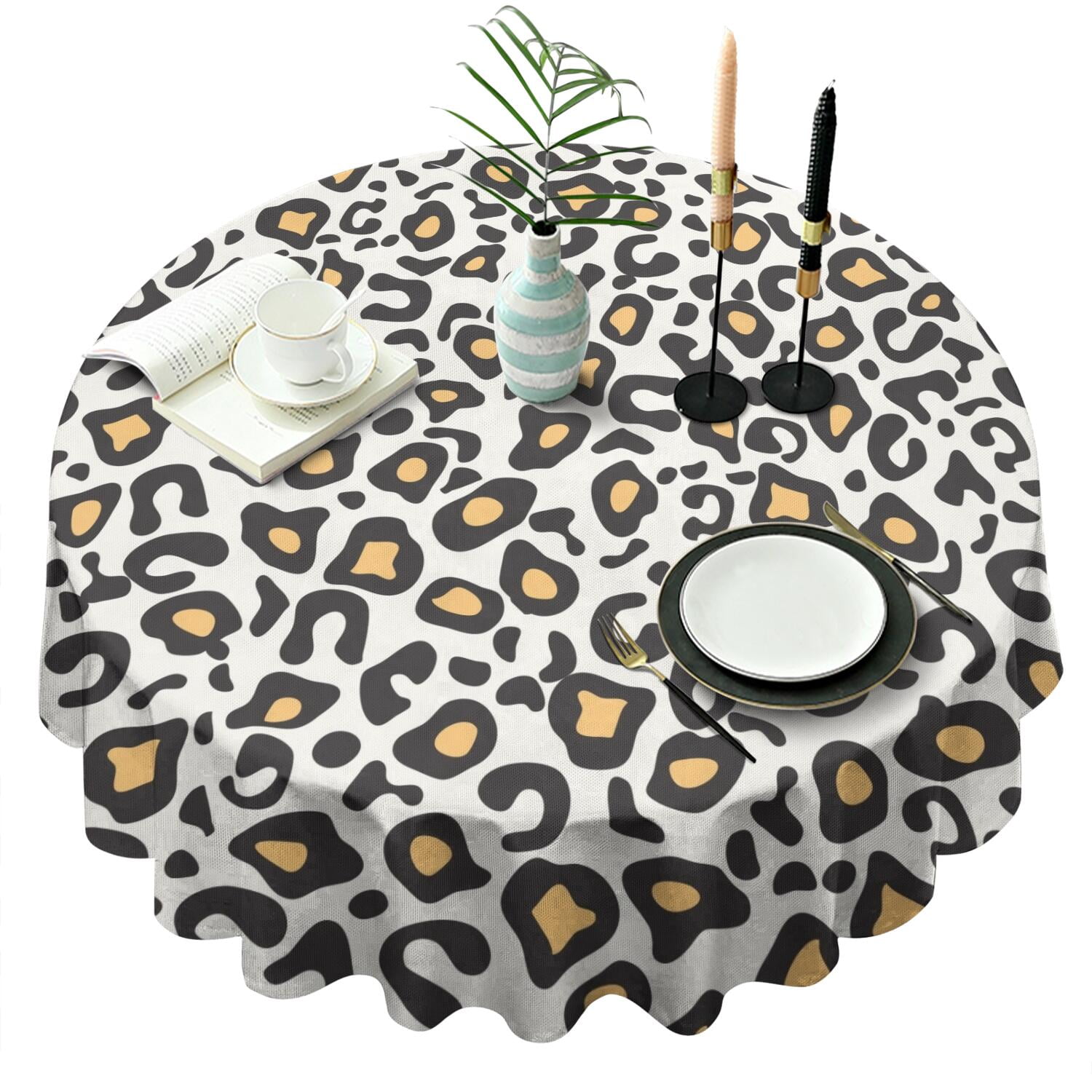 Black and Yellow Of Leopard Print Round Tablecloth 60"x60",Wrinkle ...