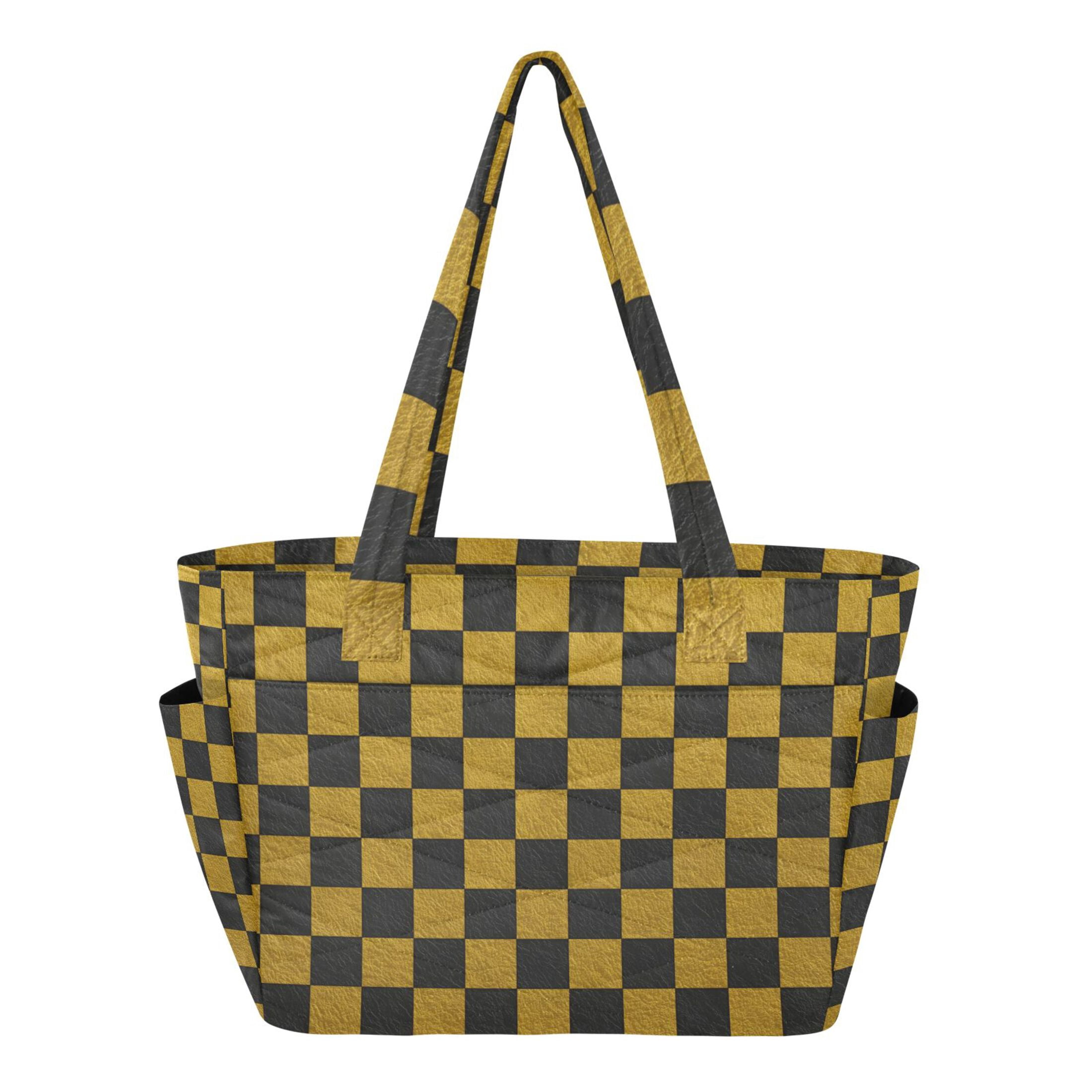 Black and Yellow Plaids with Texture Women's Quilted Tote HandBag Beach ...