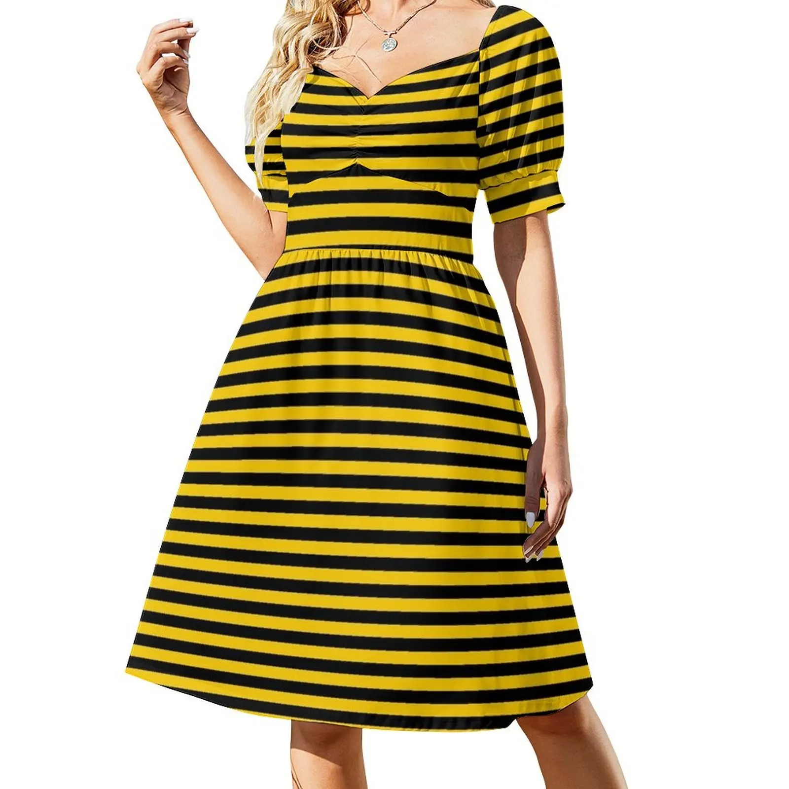 Black and Yellow stripes geometric striped pattern Bee Sleeveless Dress ...