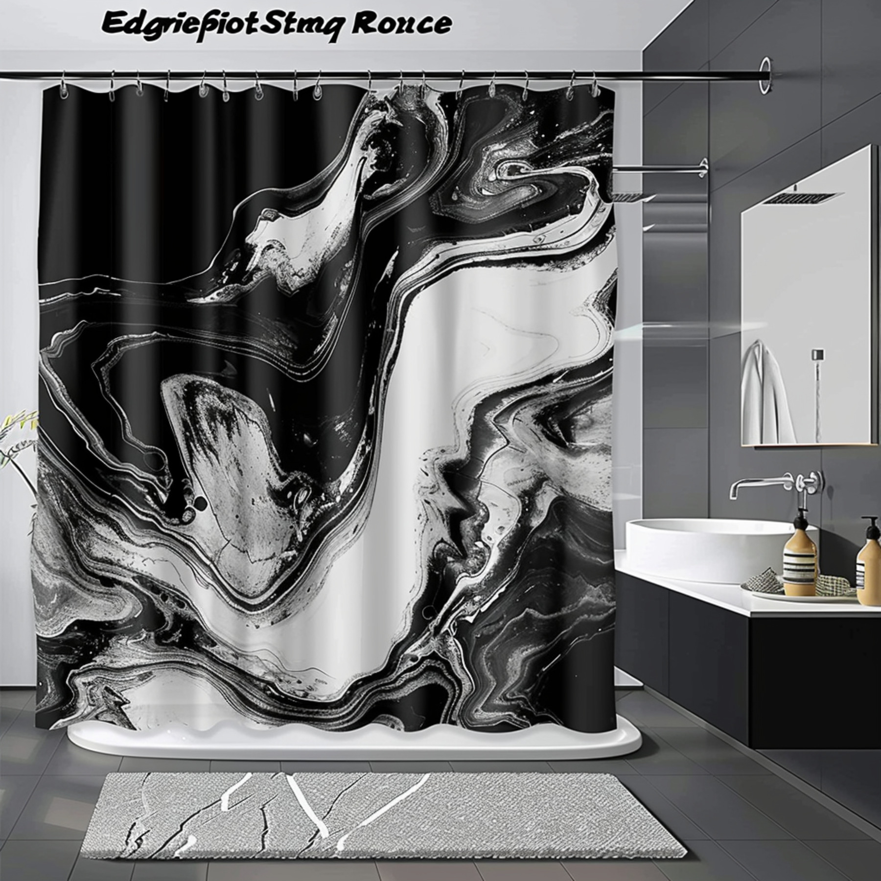 Black and white abstract marble patterned bathroom set with curtain and ...