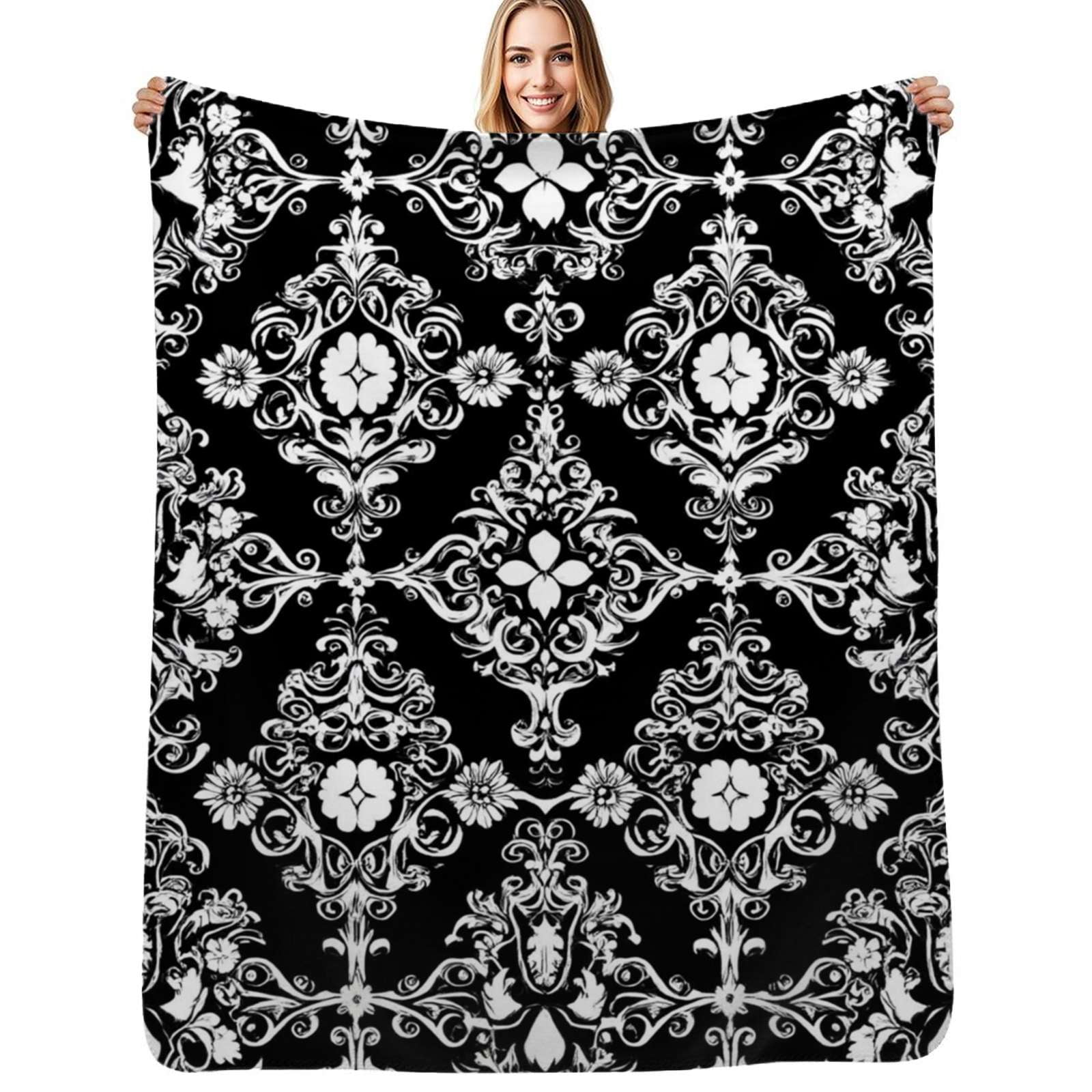 Black and white floral damask Flannel Blanket Warm Soft Bedding Throws ...