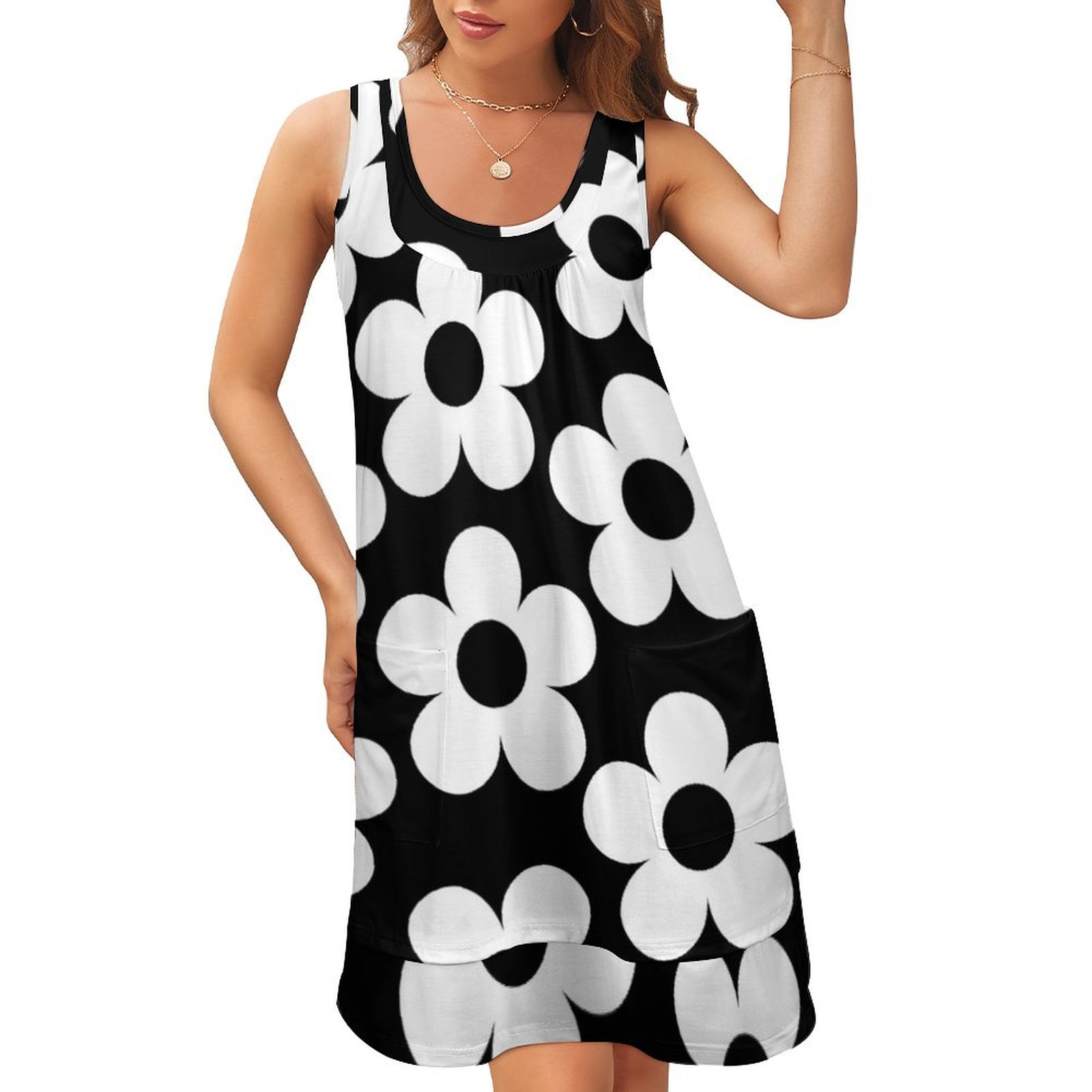 Black and white floral design Sleeveless U-Neck Fake Two Piece Dress ...