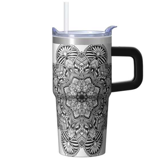 Black and white mandala style Print 20OZ Insulated Car Travel Mug ...