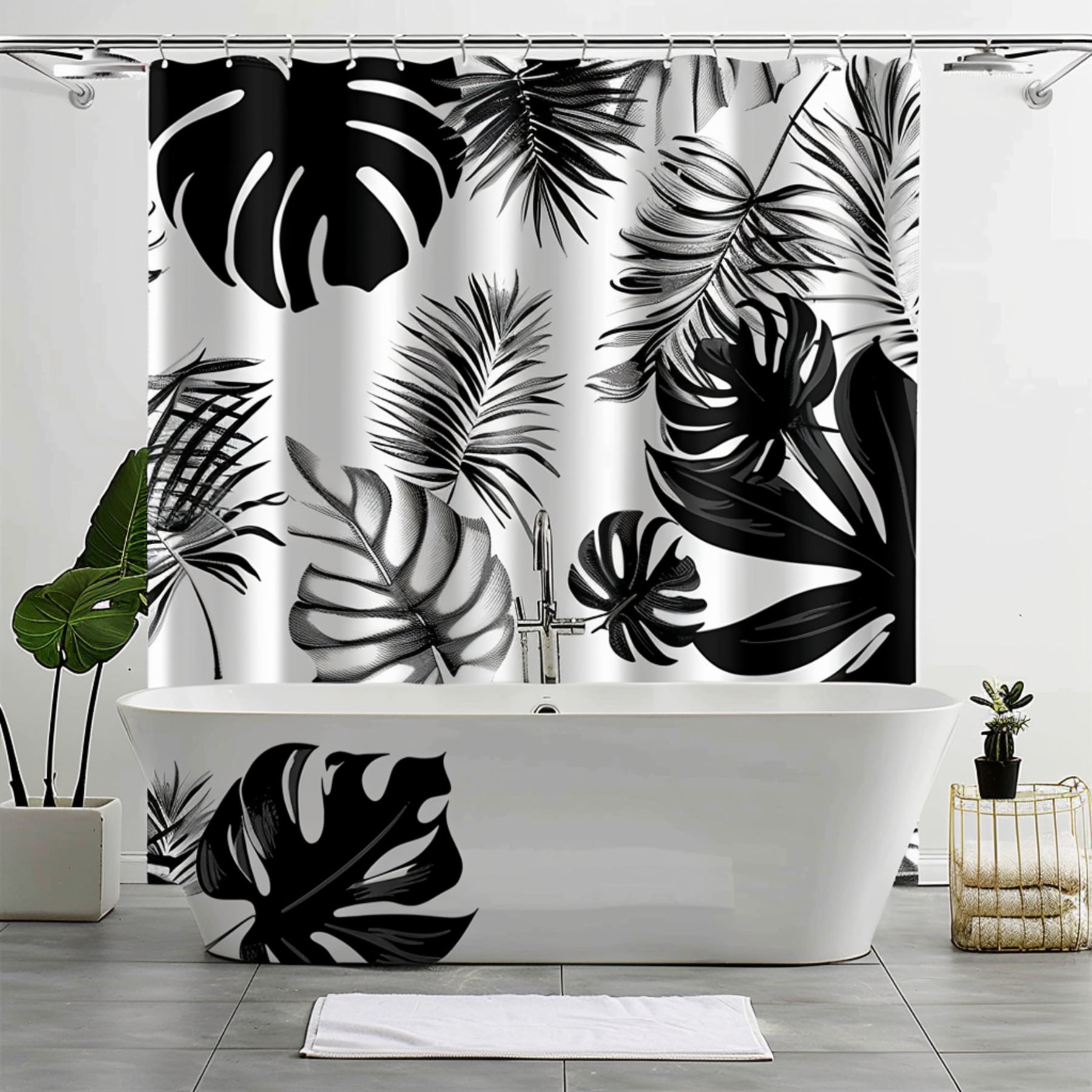 Black And White Rainforest Bathroom Curtain Featuring Tropical Leaves