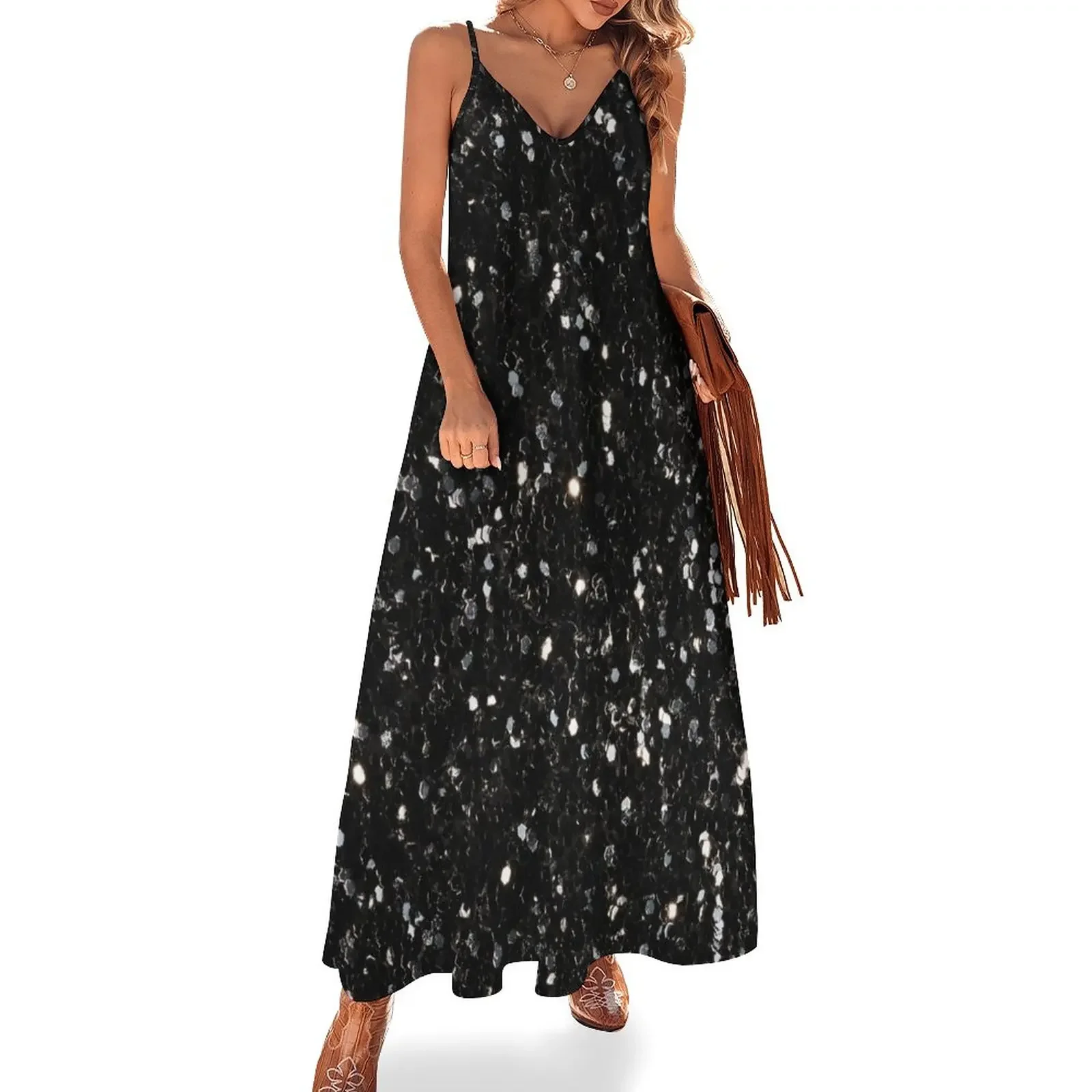 Black and white shiny faux glitter sparkles Sleeveless Dress Women long ...