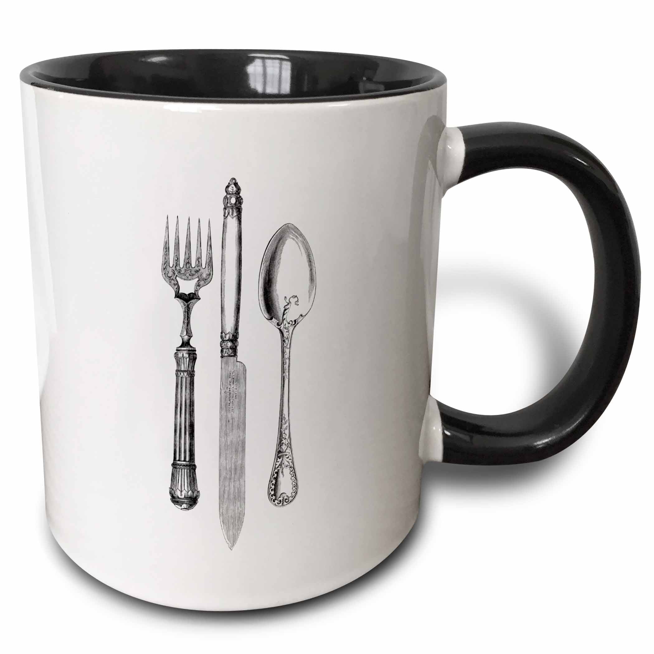 Black and white vintage cutlery set - fancy fork knife and spoon drawing - restaurant kitchen ...