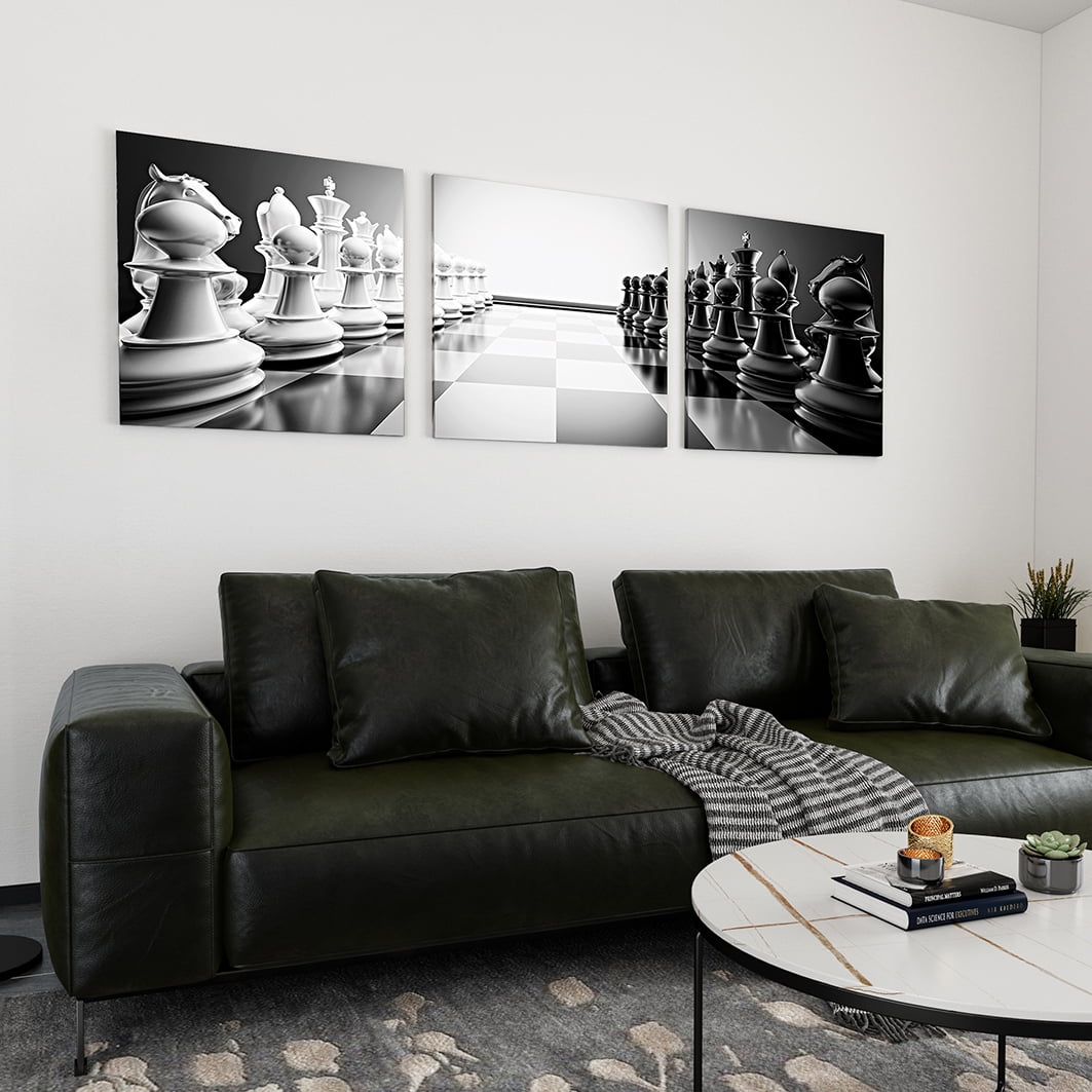 Black and white wall art of chessmen on glossy chess board set of 3 ...