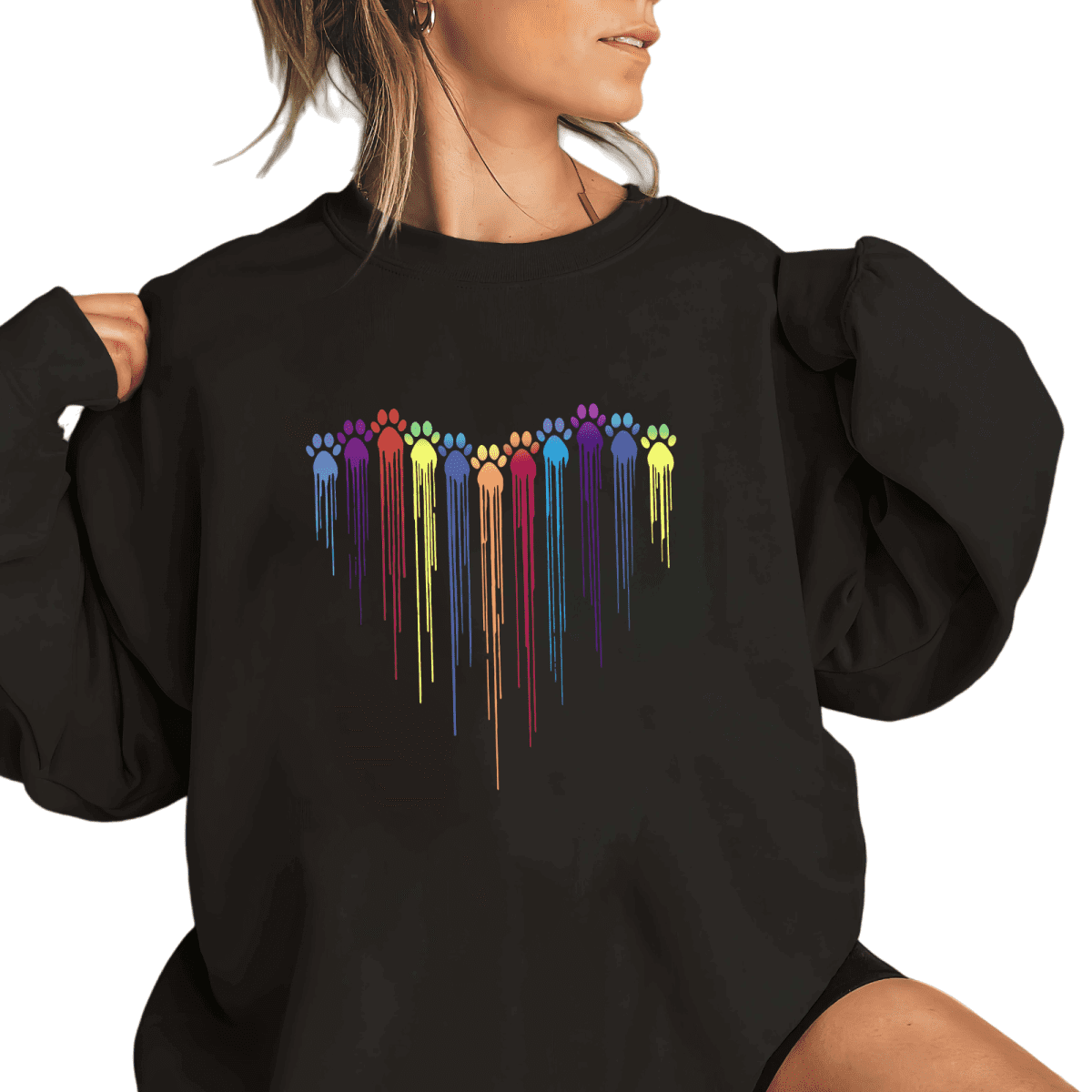 Black base color highlighting colorful paw fun sweatshirt with rainbow ...