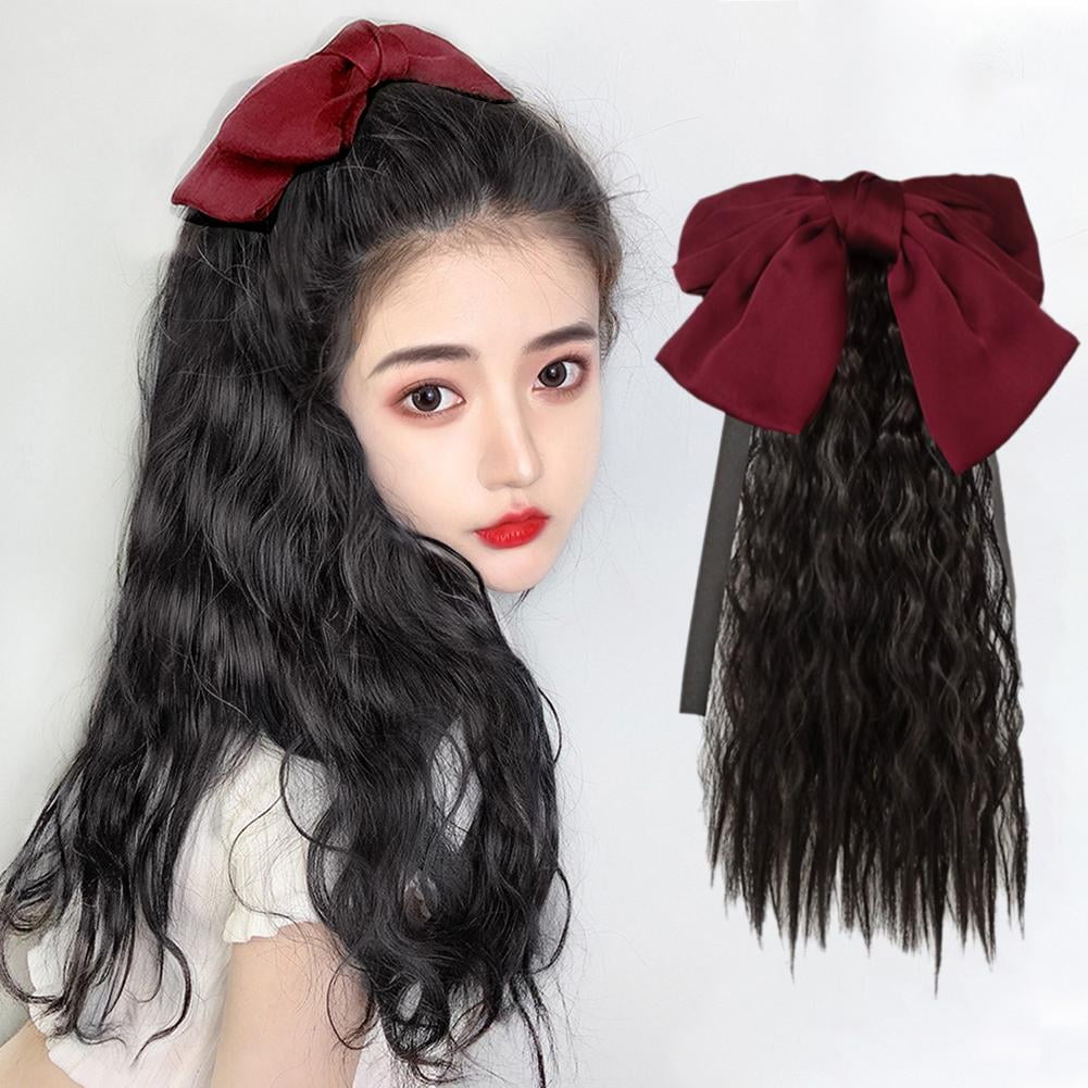 Black bow natural black children's ponytail wig girls medium-length ...