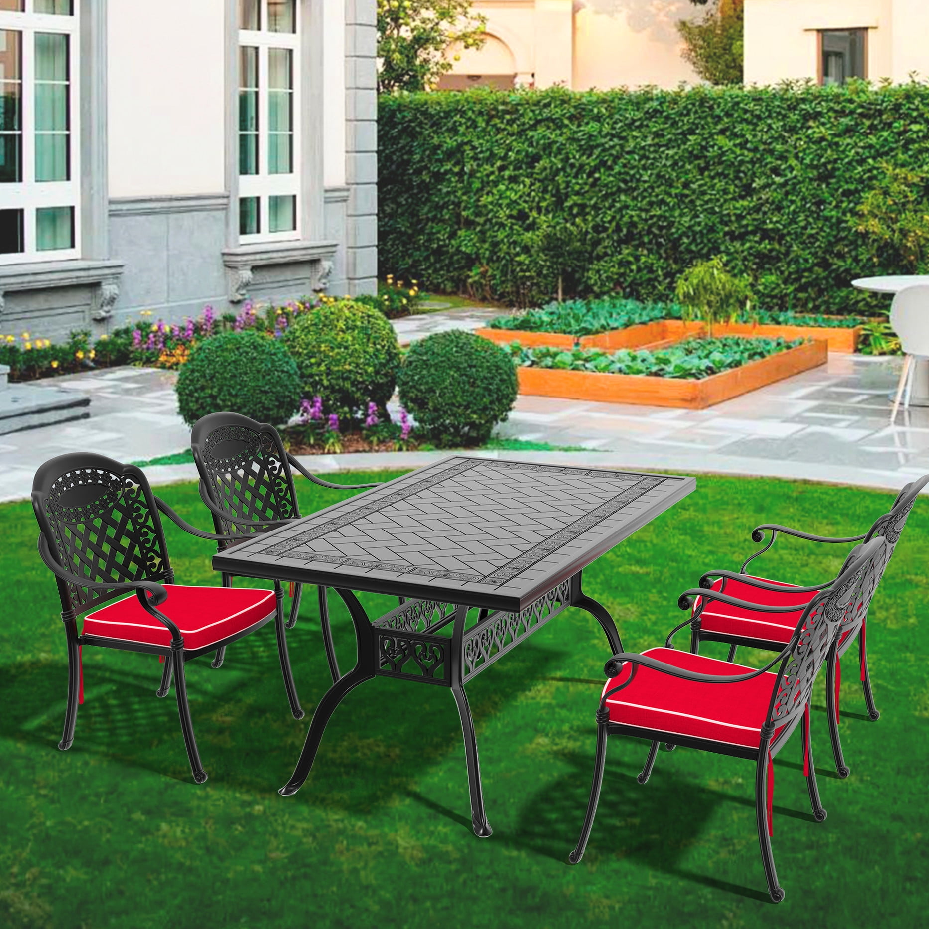 Black cast aluminum table and chair - sunproof cushions for comfort ...