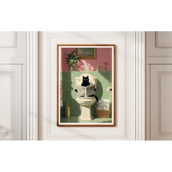 Black cat bathroom art Poster pink green tet illustration cute reading ...