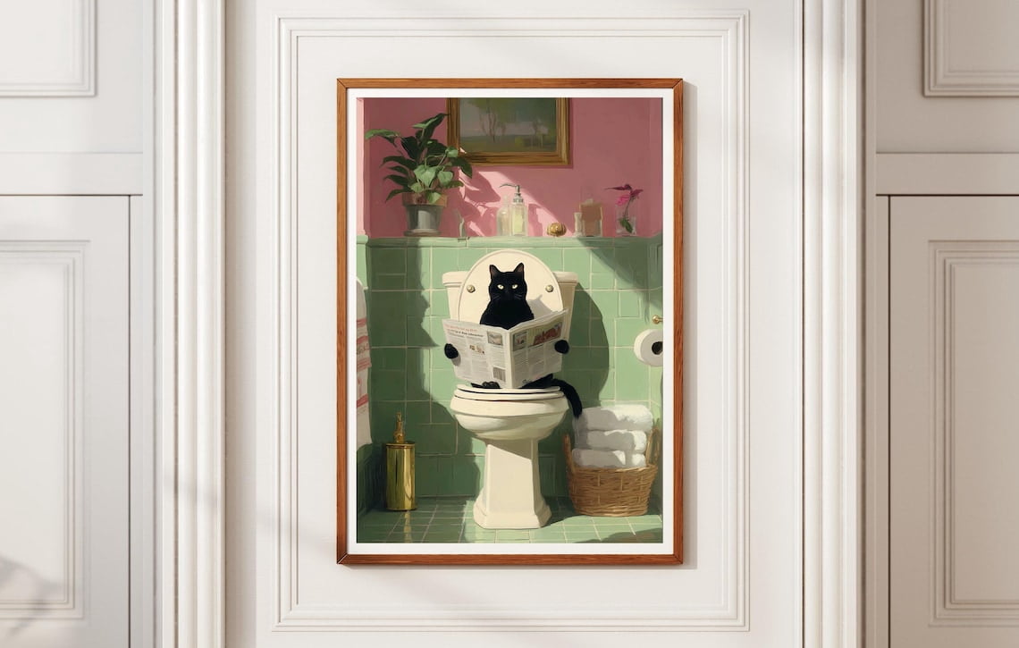 Black cat bathroom art Poster pink green tet illustration cute reading ...