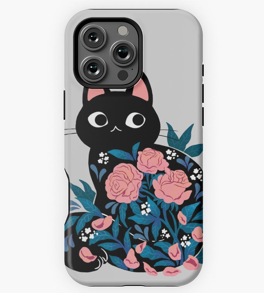 Black cat in Prink Roses GA10322 Phone Case for iPhone 11 to 17 Pro Max ...
