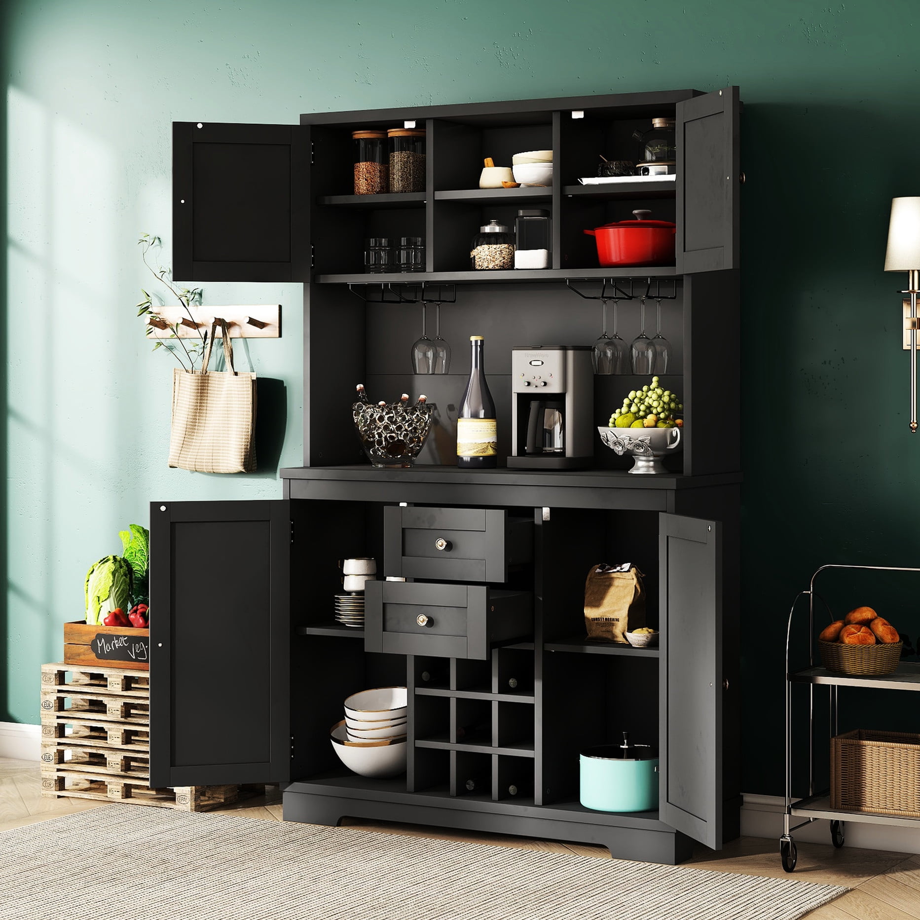 Black coffee buffet cabinet with open and closed storage for kitchen ...