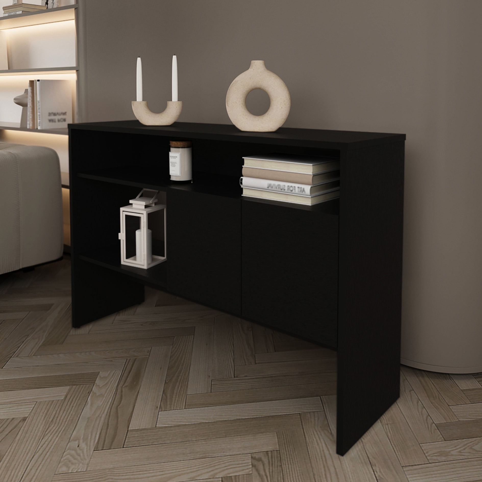 Black console table with concealed cabinet and open shelf ideal for ...