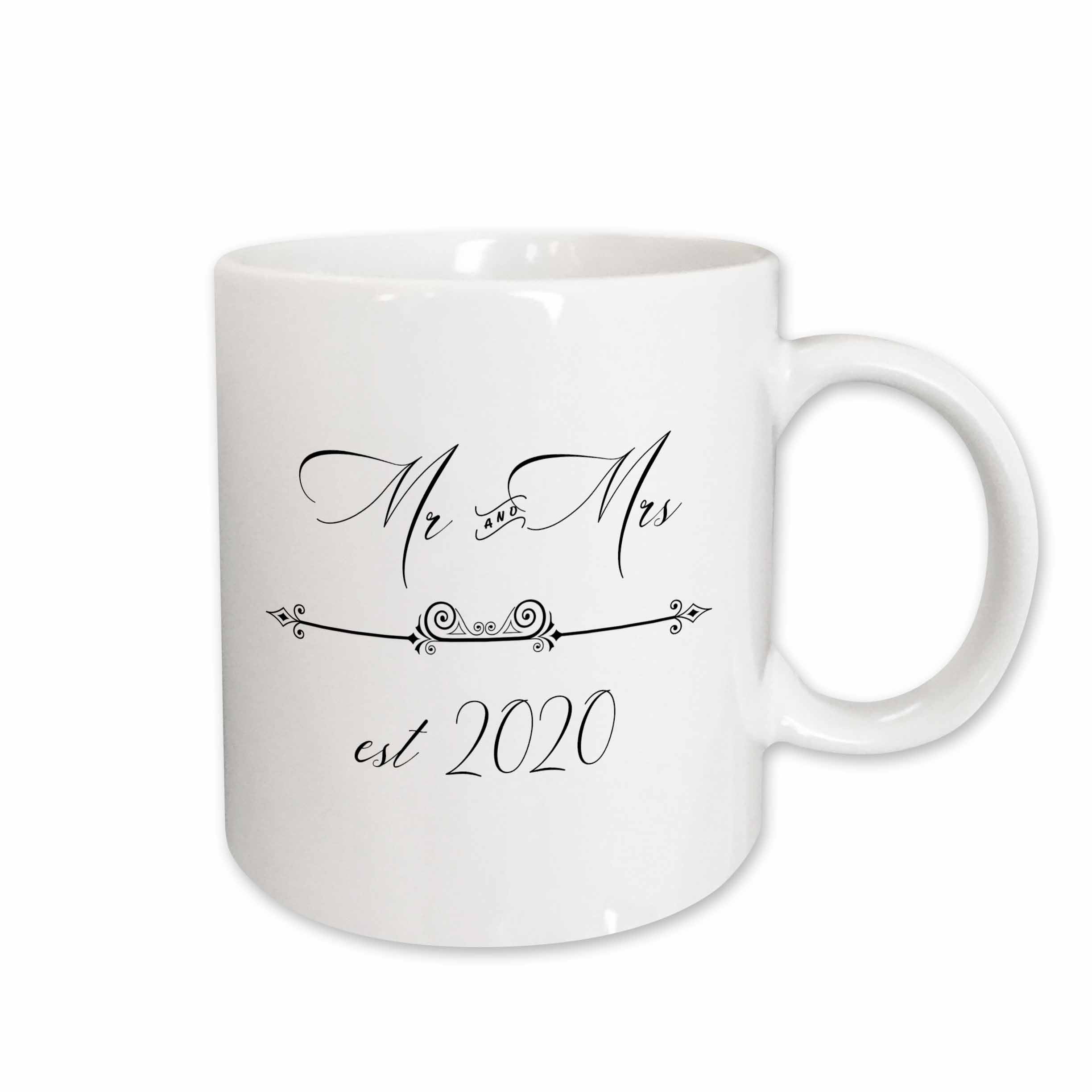 Black cursive Mr. and Mrs. Est. 2020 and fancy divider on white. 15oz ...