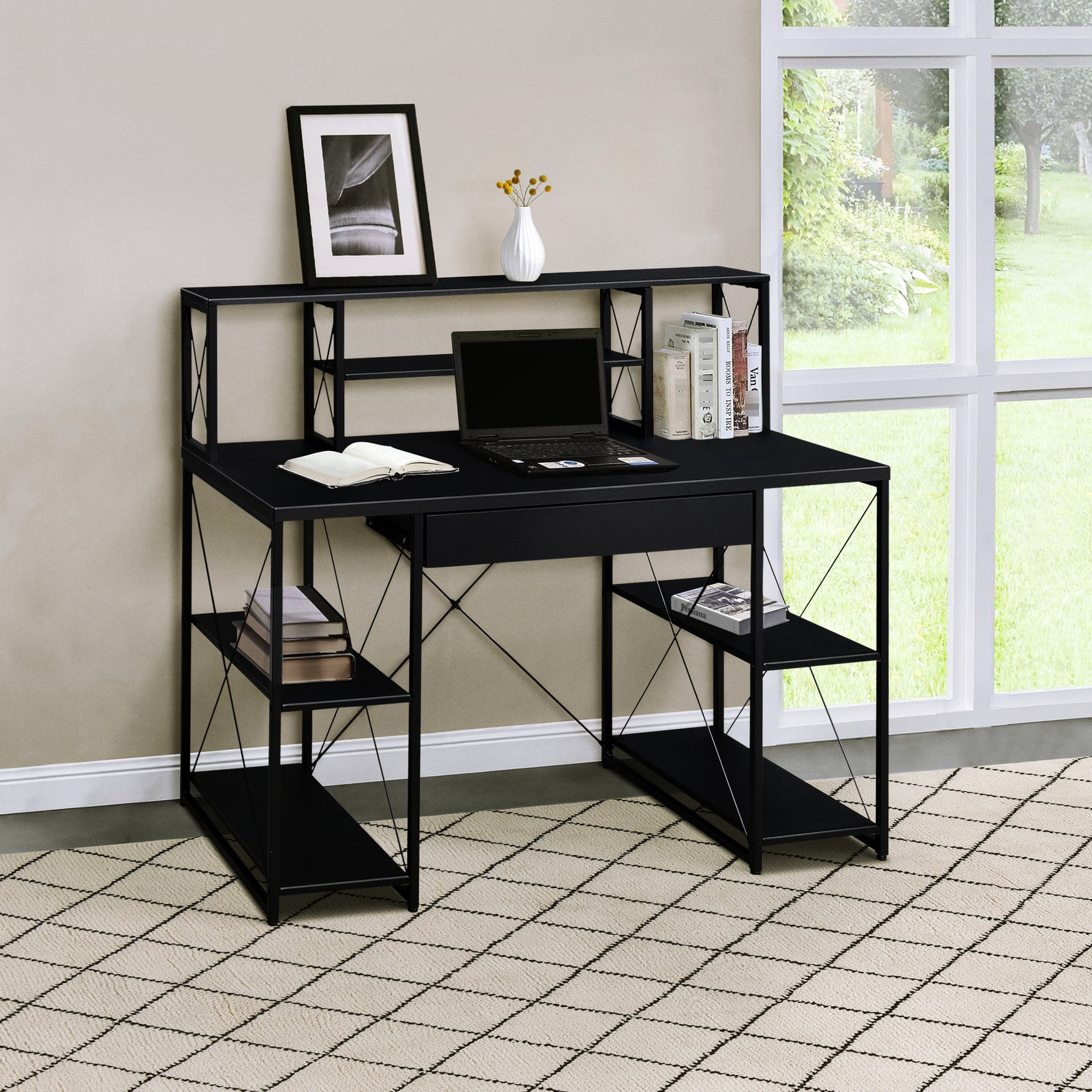 Black desk with shelves - Ample storage for accessories - Office studio ...