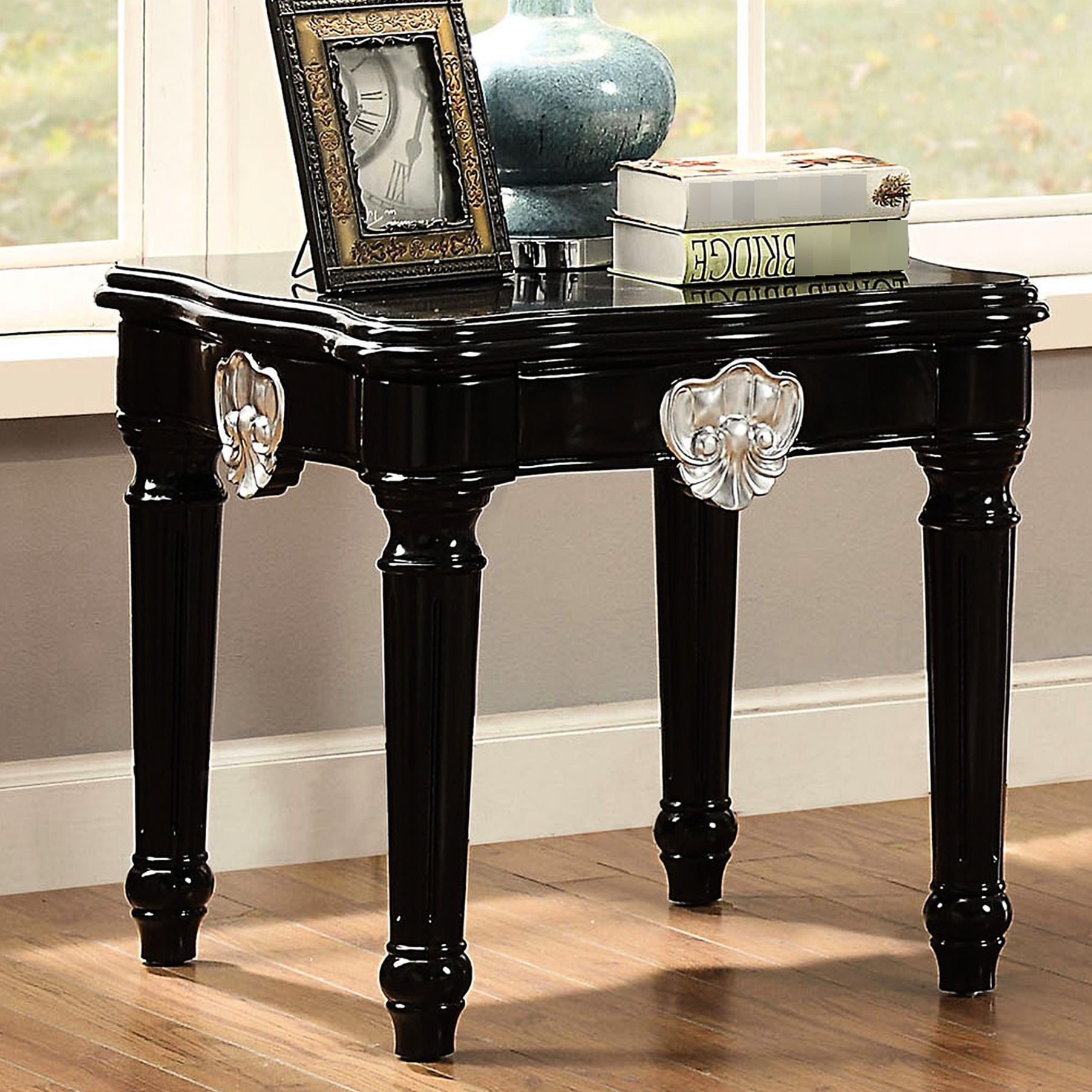 Black end table with turned legs and square leg design for primary ...