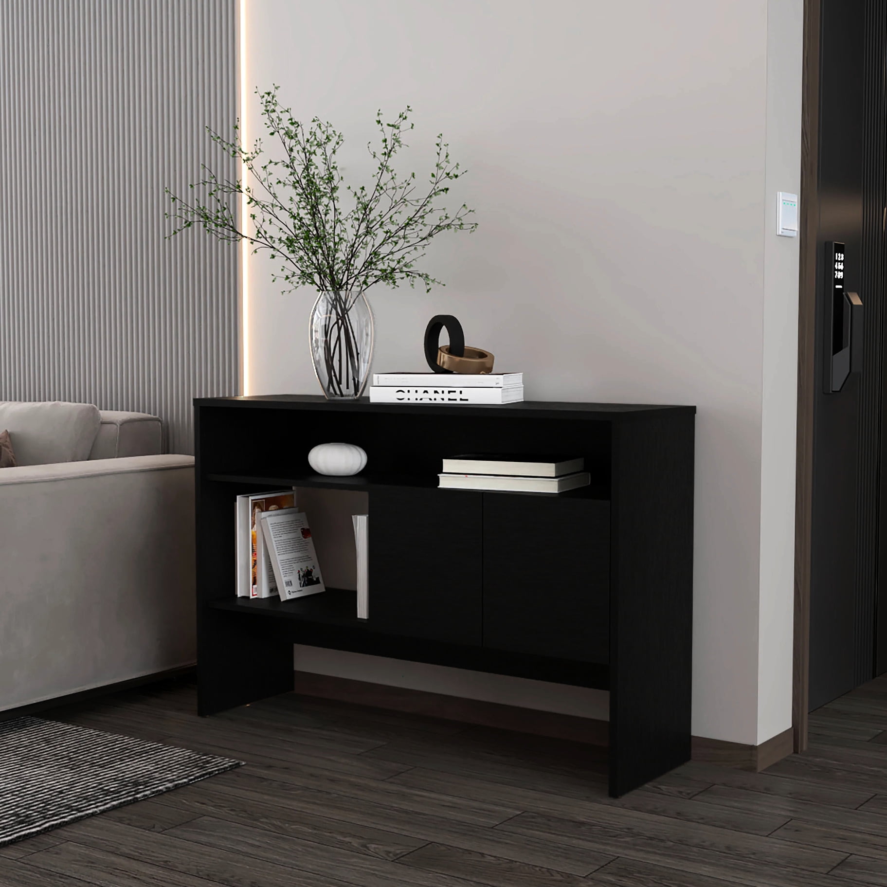 Black floor - mounted unit - Ample storage and display features - Main ...