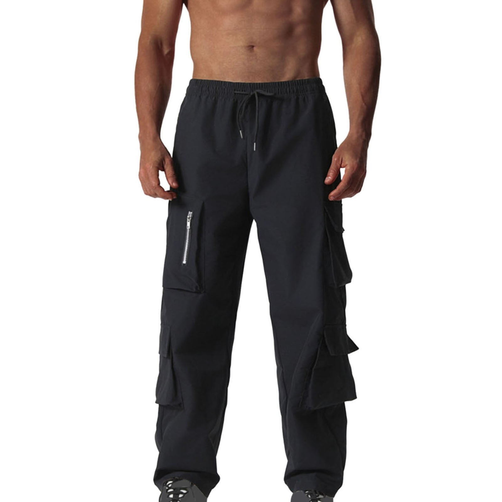 Black for Man Fall Summer Cargo Paperbag Straight Leg Elastic Waist ...