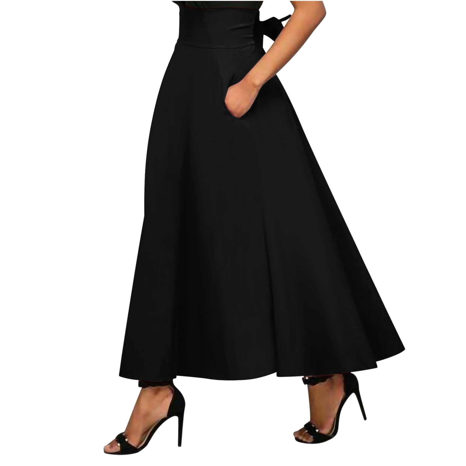 Black for Women Maxi Long Loose Fit Brunch High Waisted Tie Knot Plain ...