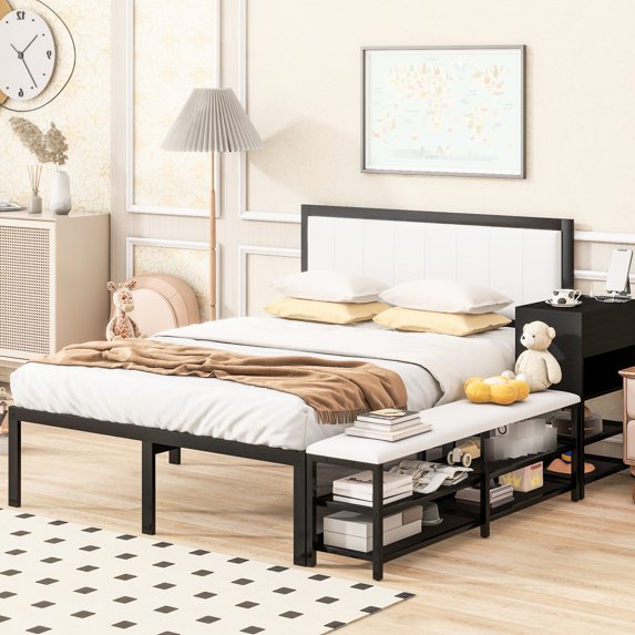 Black full-size metal platform bed featuring two-tier storage and ...