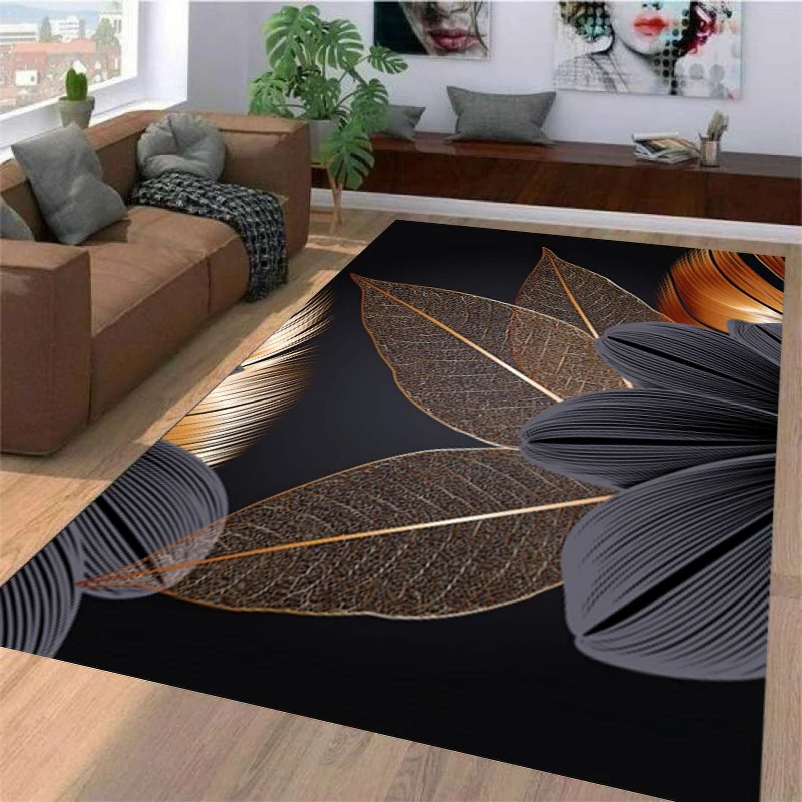 Black gold plant leaf geometric design interior bedroom bedside rug ...