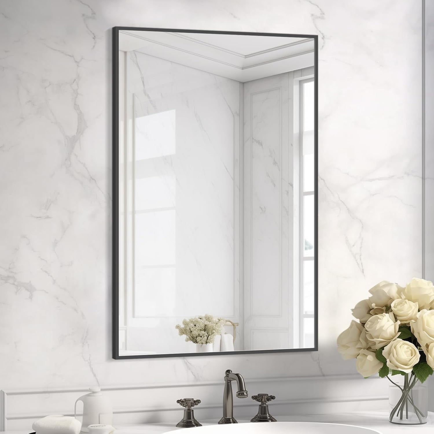 Black metal bathroom mirror,rectangular wall vanity mirror with square ...