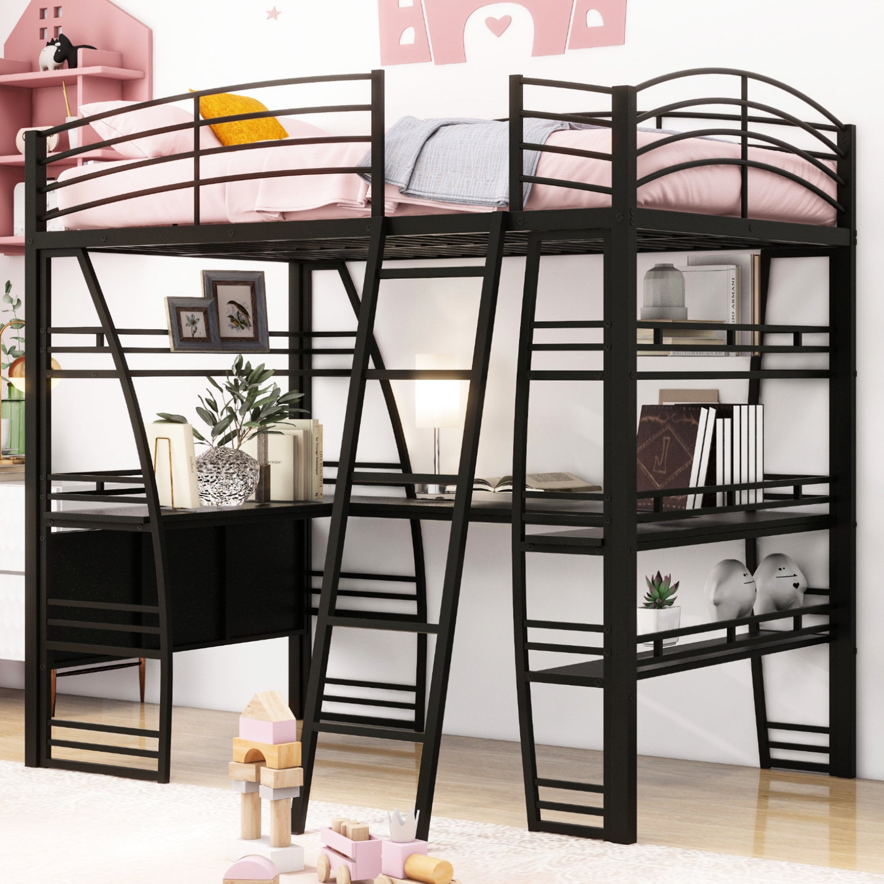 Black metal full size loft bed with 4 - layer shelves and L - shaped ...